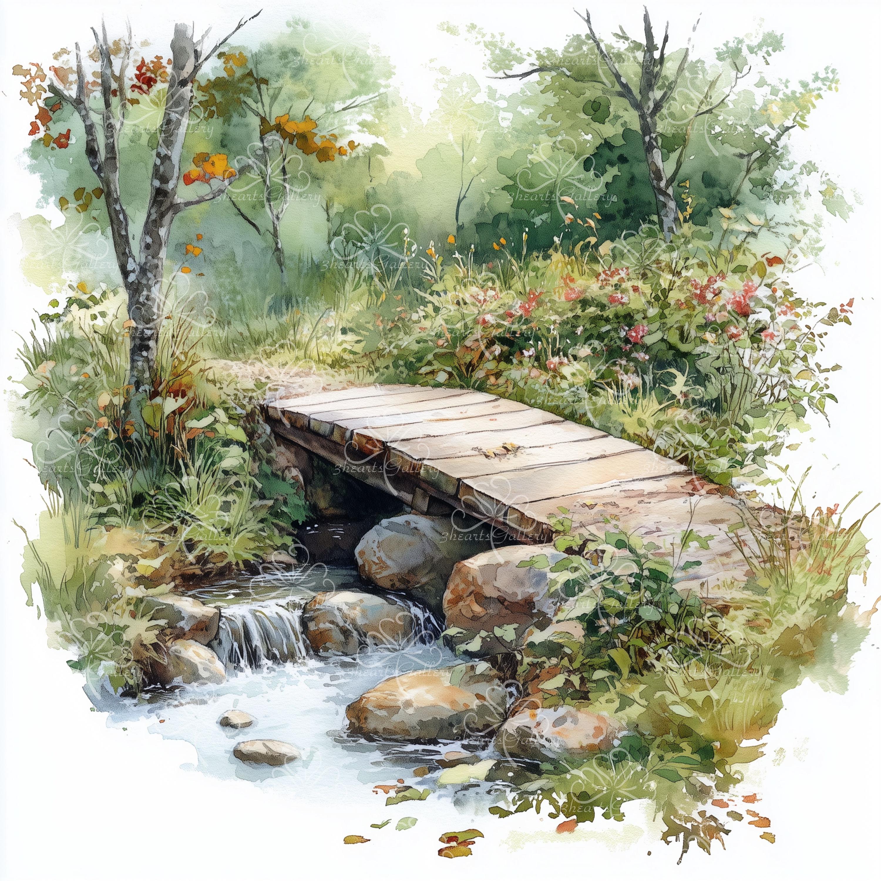 18 Wooden Footbridge Clipart | Spring Bridge Illustration Design ...