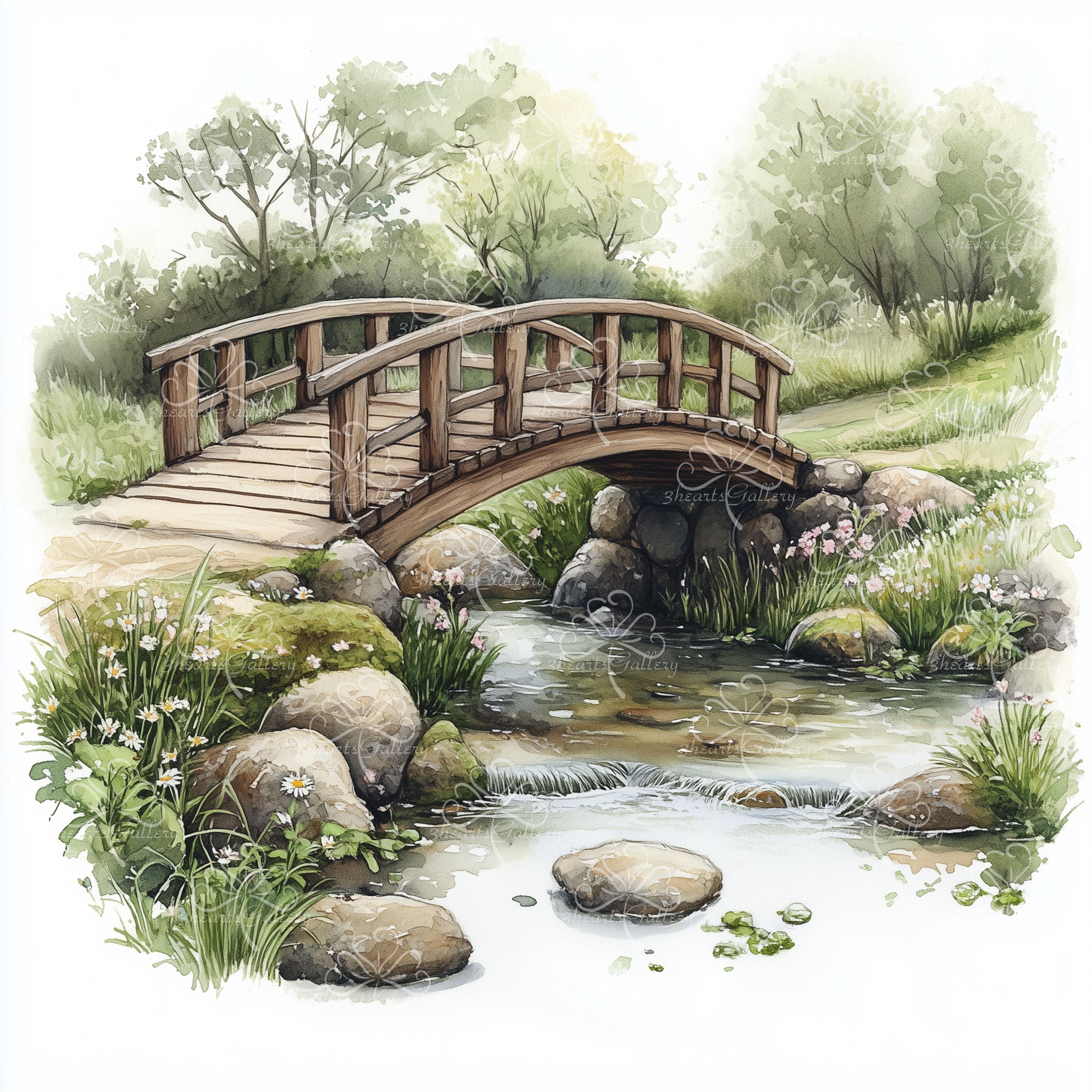 18 Wooden Footbridge Clipart | Spring Bridge Illustration Design ...