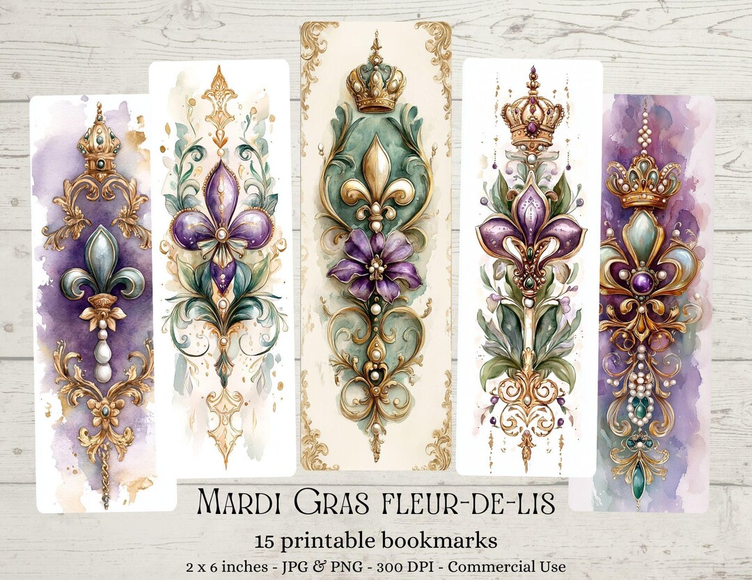 Mardi Gras Crowned Fleur-de-lis Bookmarks, 15 Watercolor Reading ...