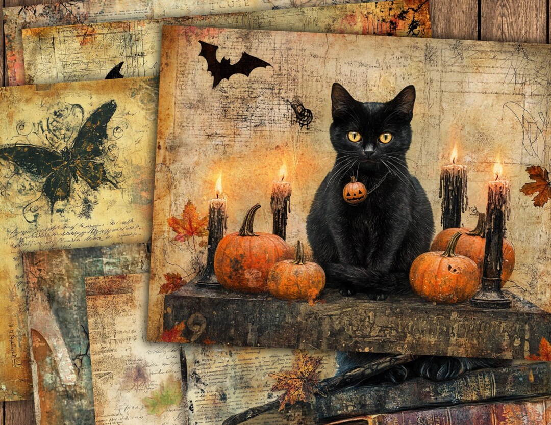 Magical Black Cat Fall Scrapbook Papers, Backing Pages, Junk Journal ...