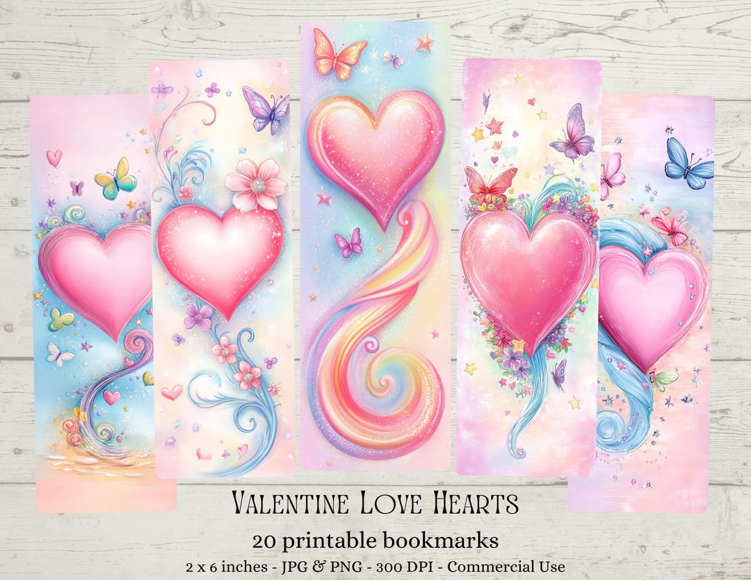Valentines Printable Bookmarks 20 Watercolor Valentine Love Hearts ...
