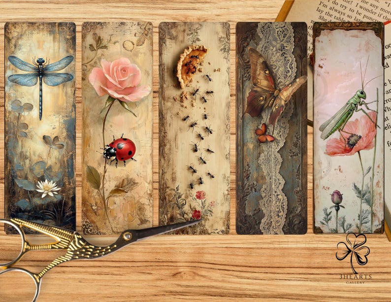10 Spring Summer Insects Printable Bookmarks, Digital Download JPG Bookmark Set, Vintage ...