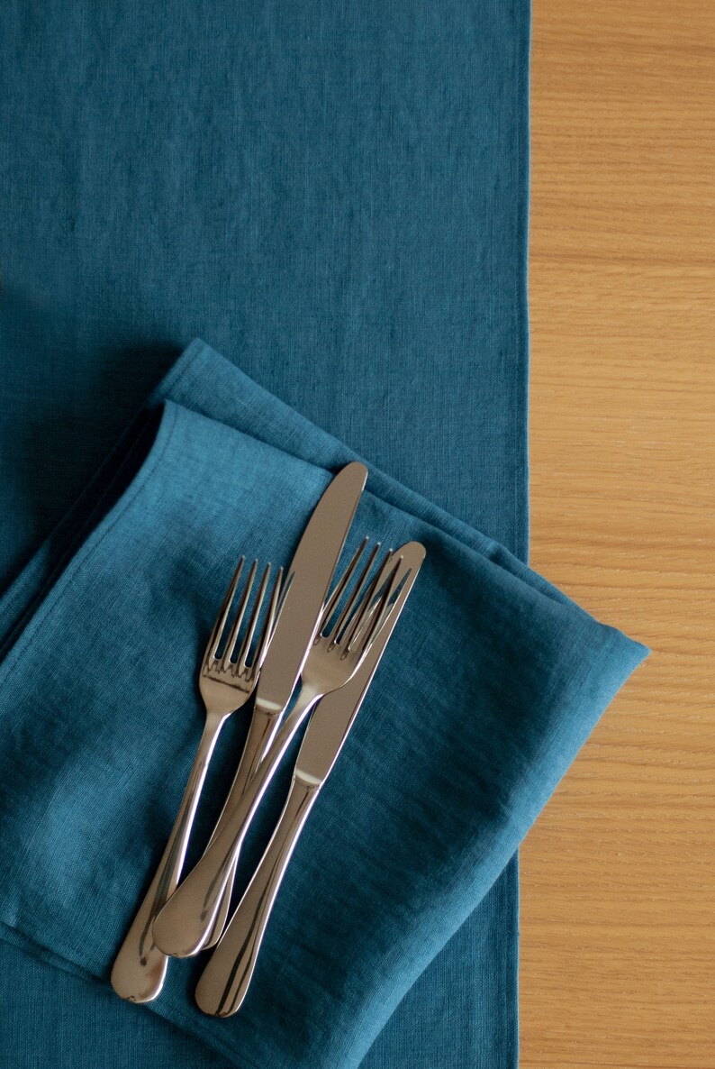 Table Runner, Blue Linen Table Runner, Washed Linen Table Runner, Short ...