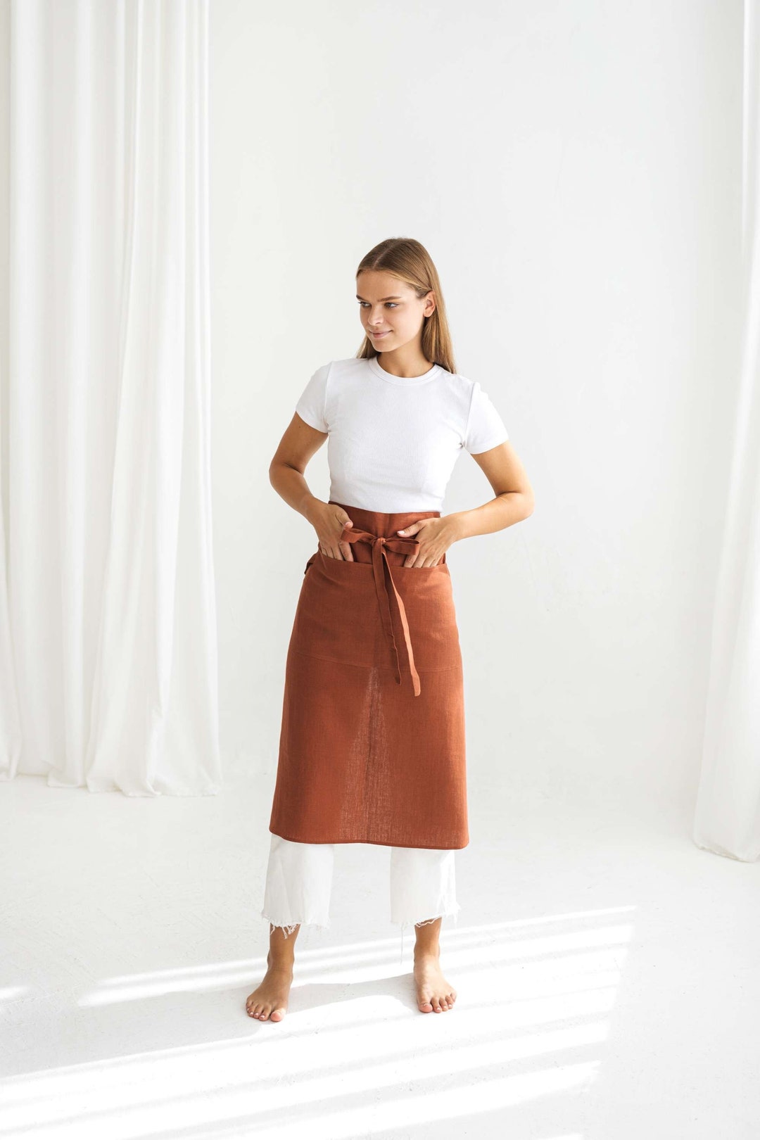 Long Waist Apron, Linen Bistro Apron, Linen Chef Apron, Cooking Apron ...