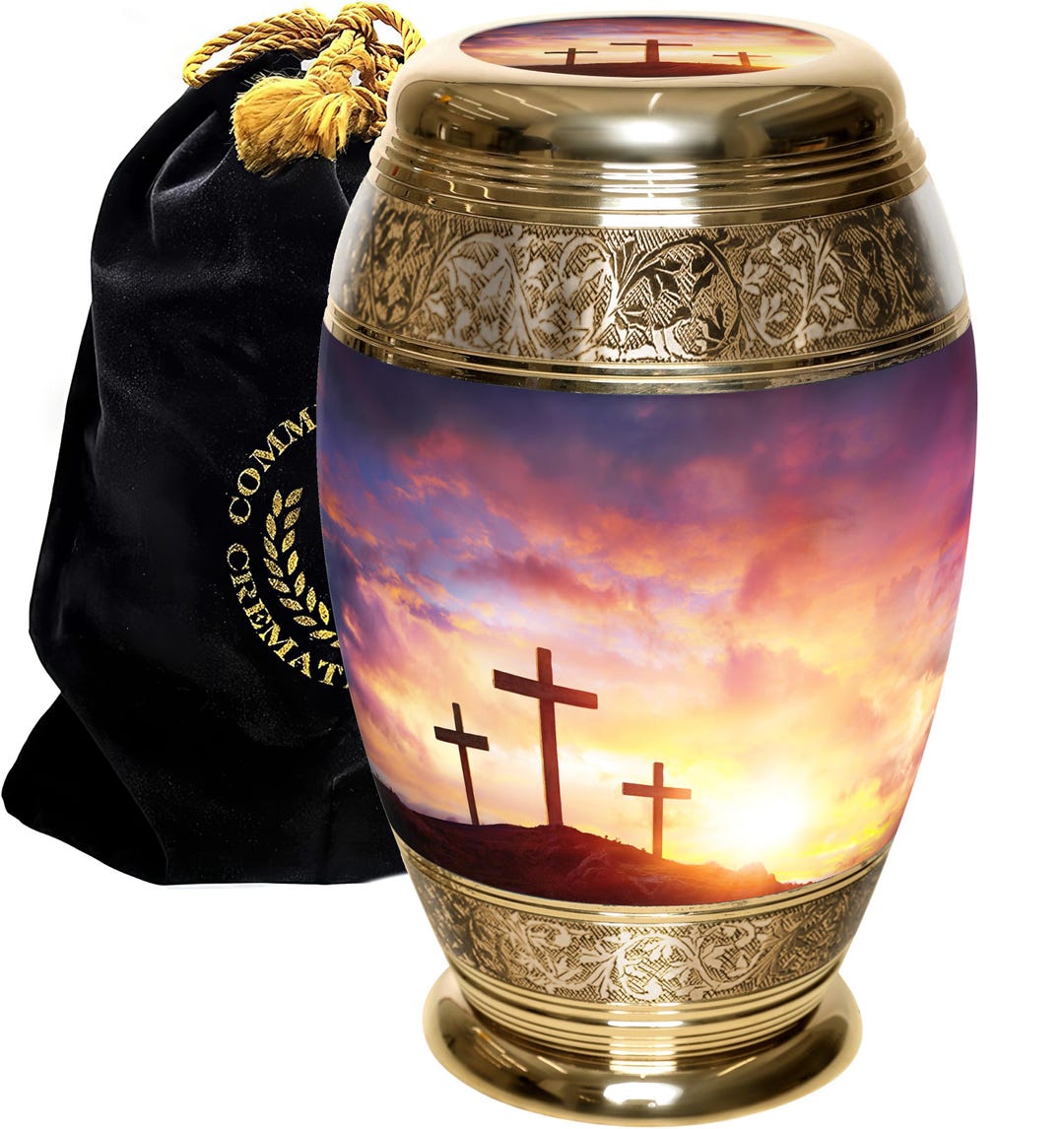 Sunset Cremation Urn: Three Crosses, Hand-engraved Aluminum, Velvet Bag ...