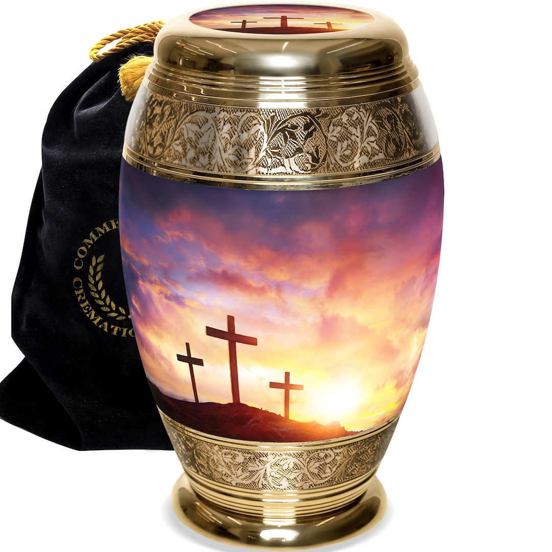 Sunset Cremation Urn: Three Crosses, Hand-engraved Aluminum, Keepsake ...