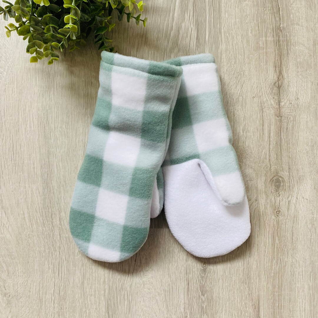 Fleece Mittens Buffalo Check Plaid Sage Green/white, Gift for Her, Warm ...