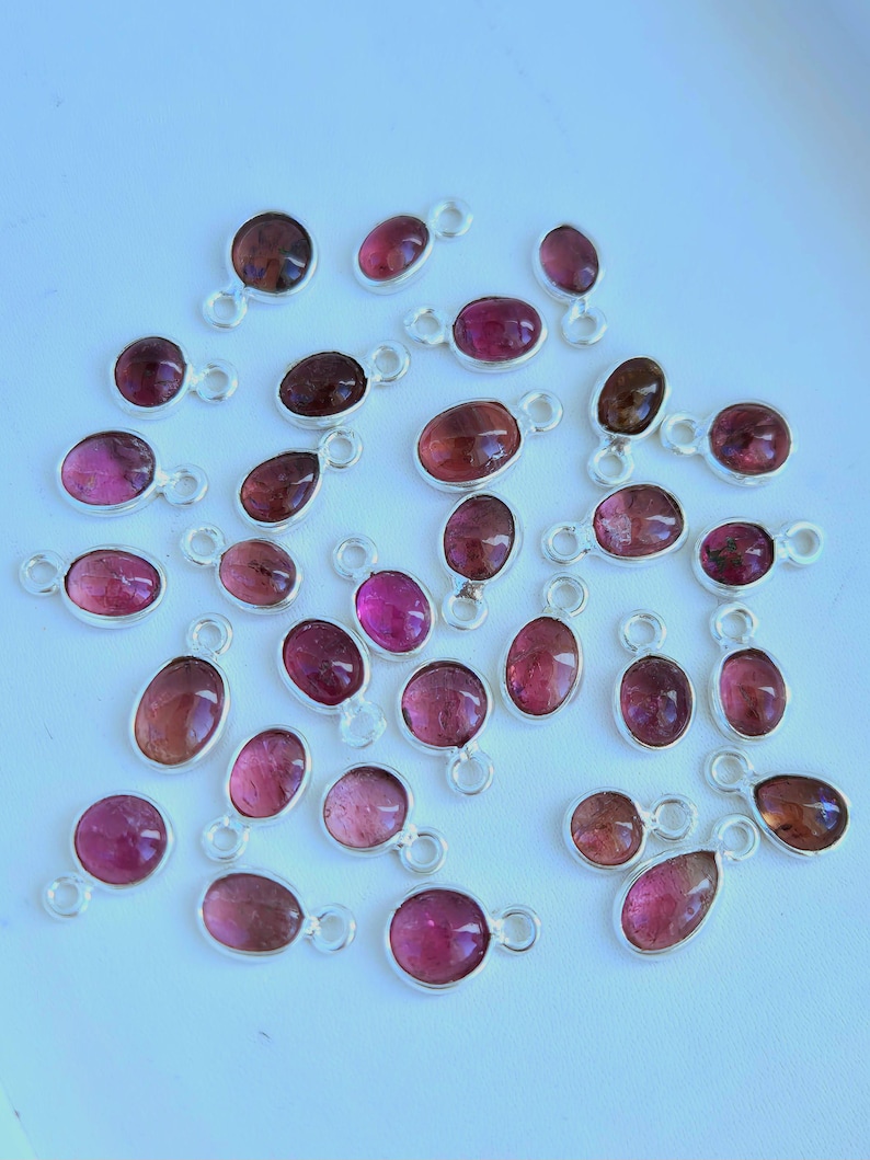 Pink Tourmaline Gemstone Charms, Bezel Set Sterling Silver Connectors ...