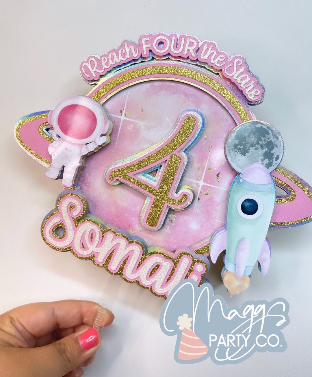Reach FOUR the Sky Cake Topper, Pink Space Birthday Party, Girl ...