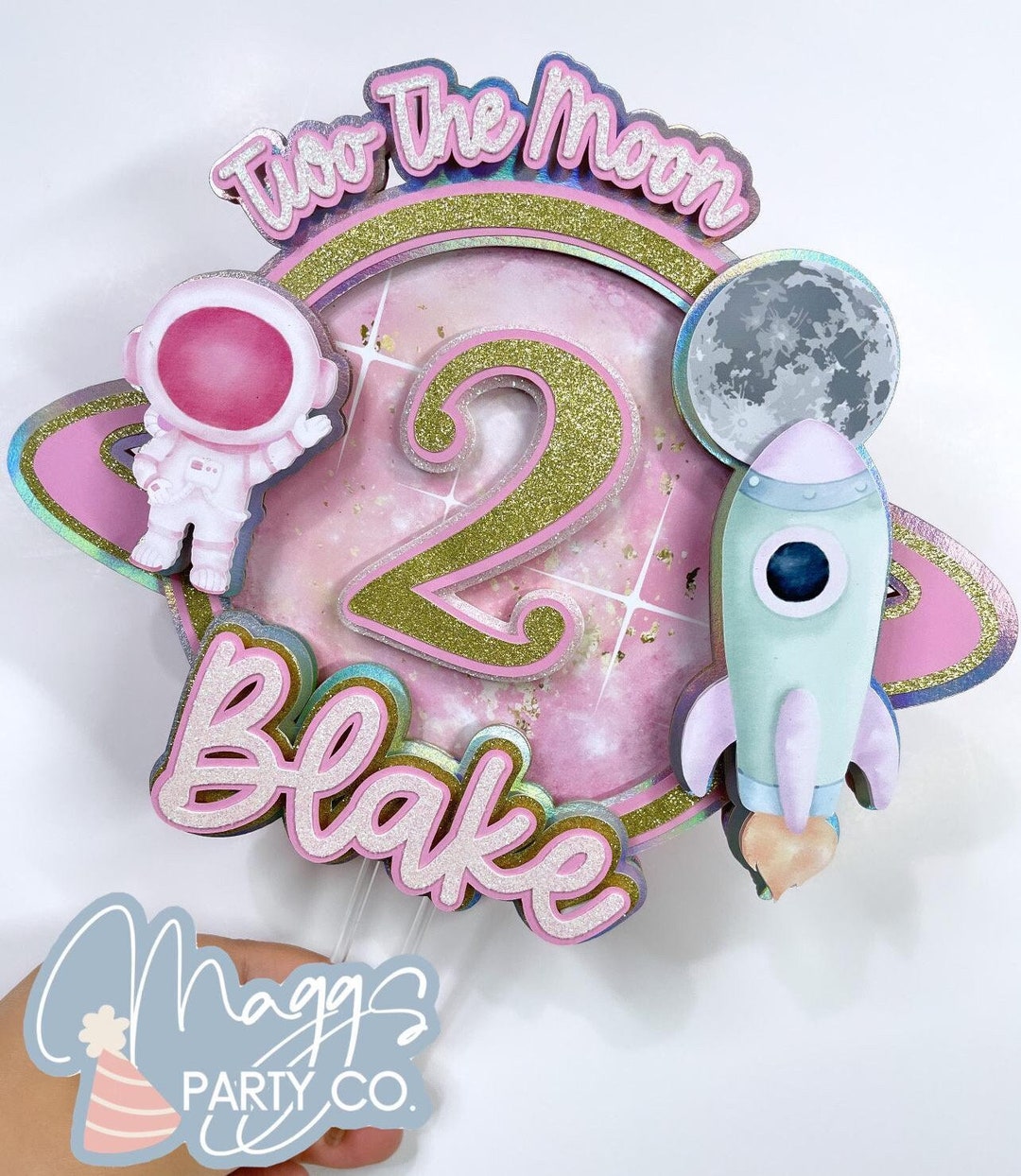 Out of This World, Two the Moon Cake Topper, Pink Space Birthday Party ...