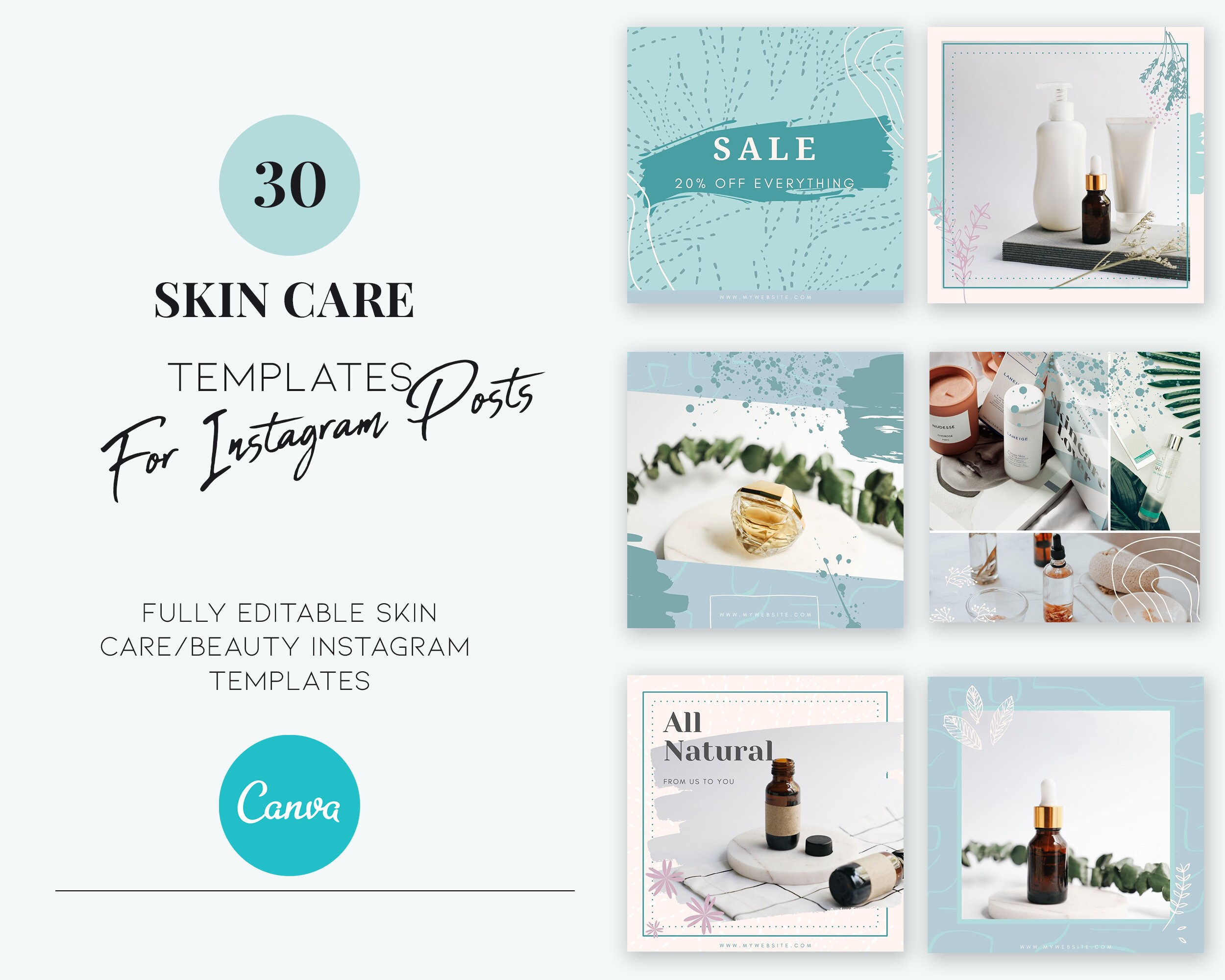 30 Natural Skin Care Instagram Canva Templates Kit- Fully Editable - Etsy