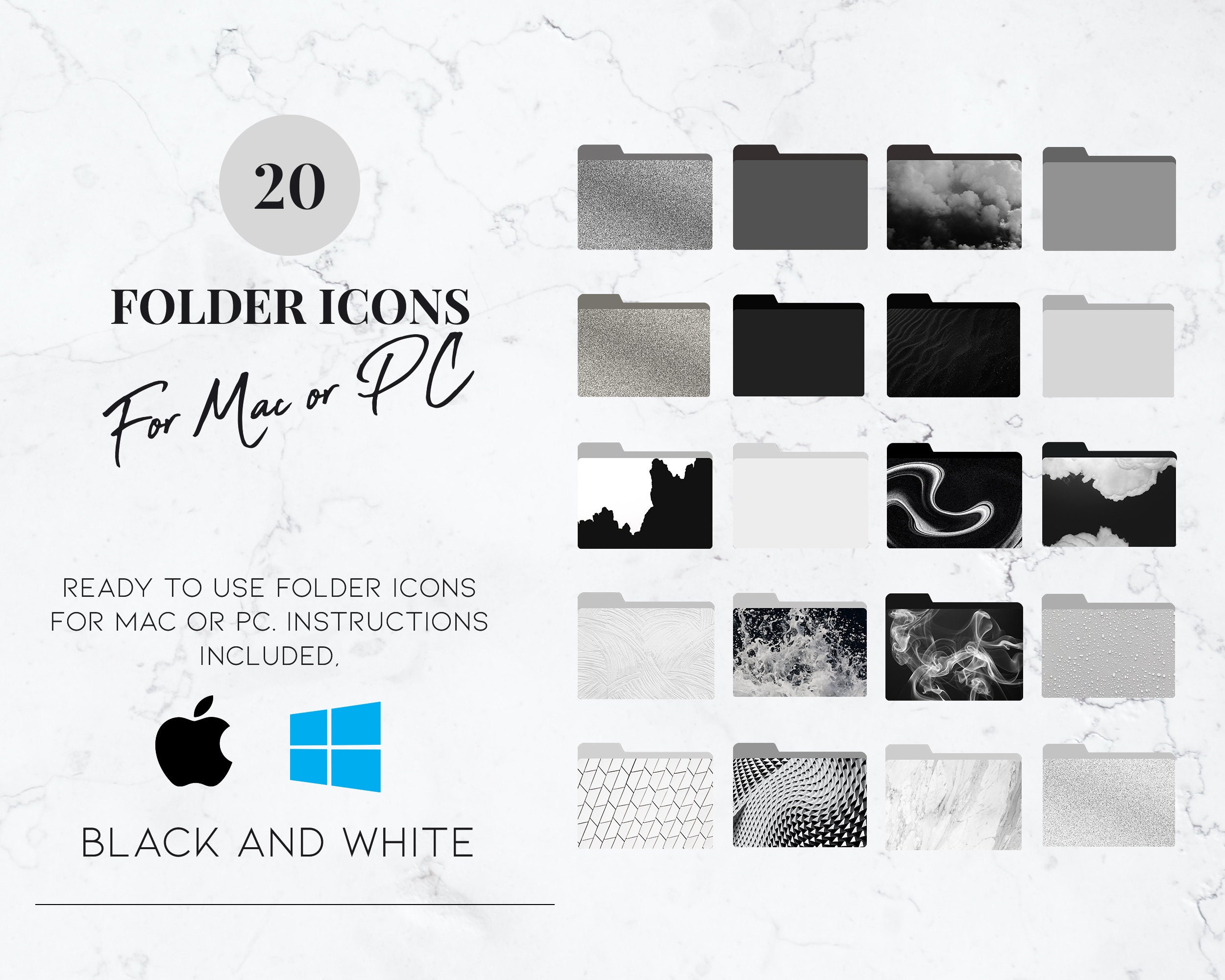 20 Black and White Desktop Folder Icons - for Mac and Windows PC - Etsy