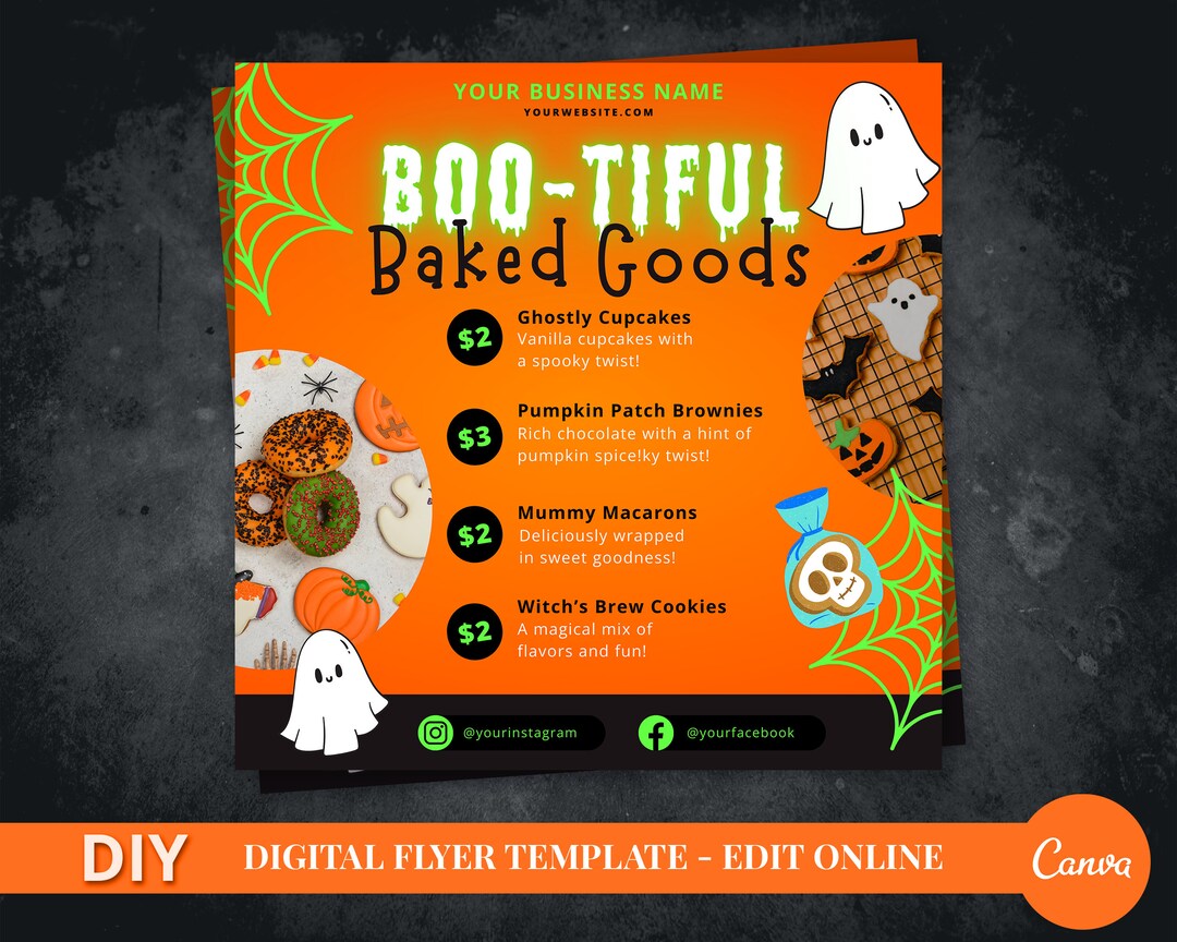 DIY Boo-tiful Baked Treats Orange Halloween Bakery Menu Flyer Template ...
