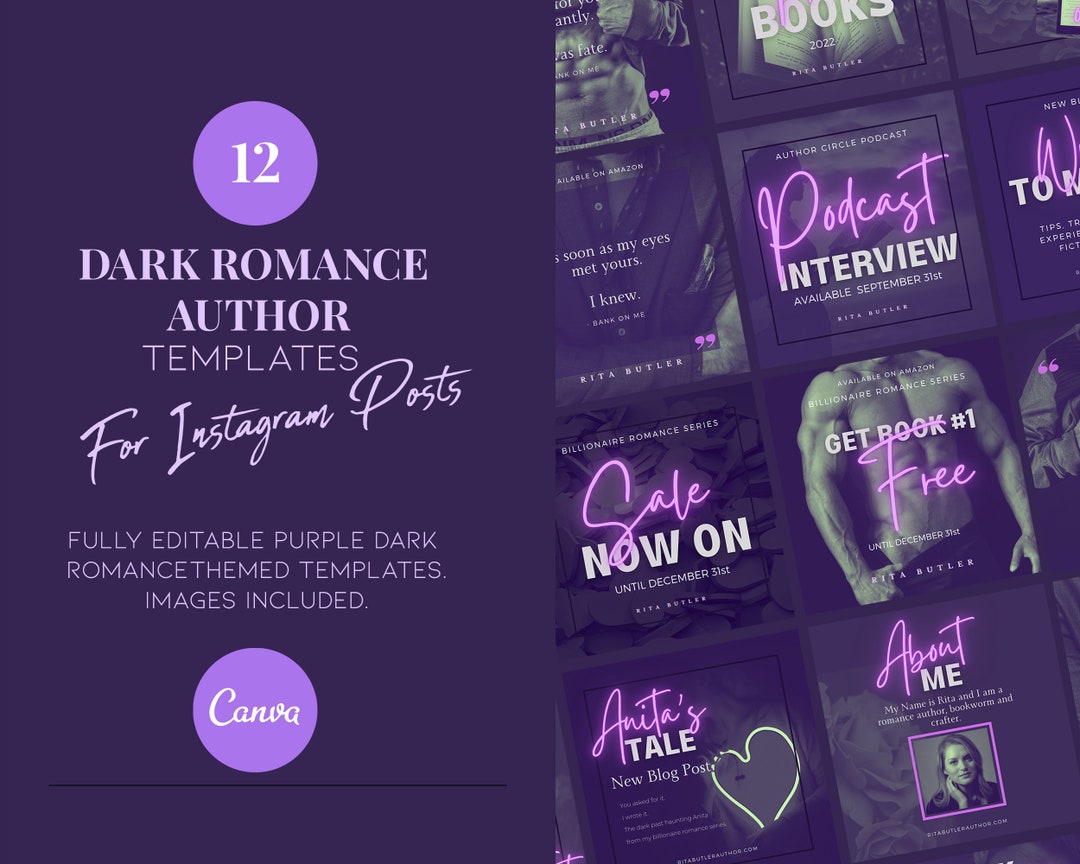 Dark Romance Author Instagram Post Templates - Purple Neon (canva) - Etsy