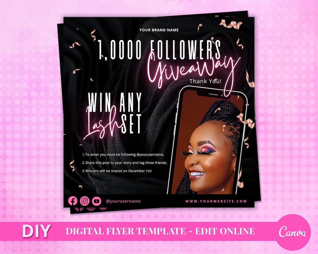 DIY 1,000 Followers Giveaway Digital Flyer Template in Black and Pink ...