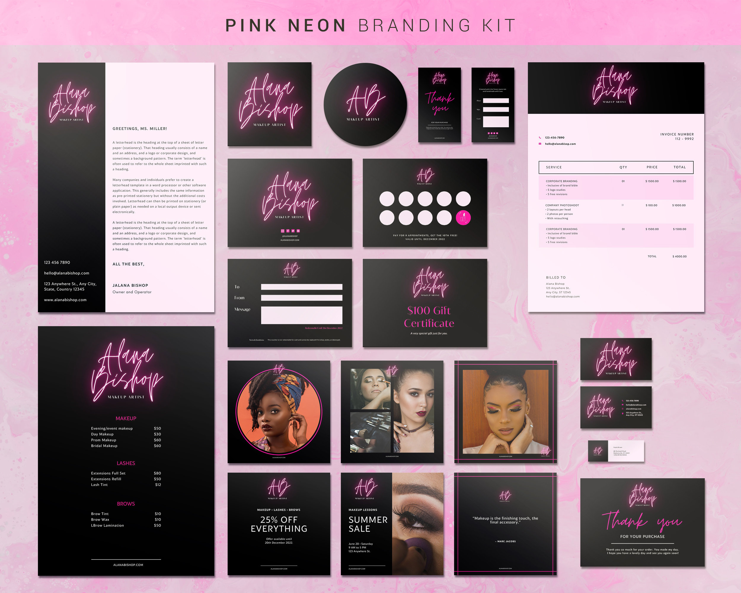 Pink Neon Branding Kit, Business Card, Social Media Templates (editable ...