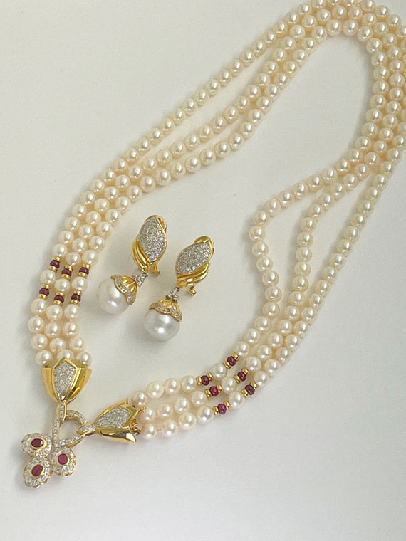 Vintage Diamond Pearl Ruby 18ct Gold Triple Necklace … - Gem