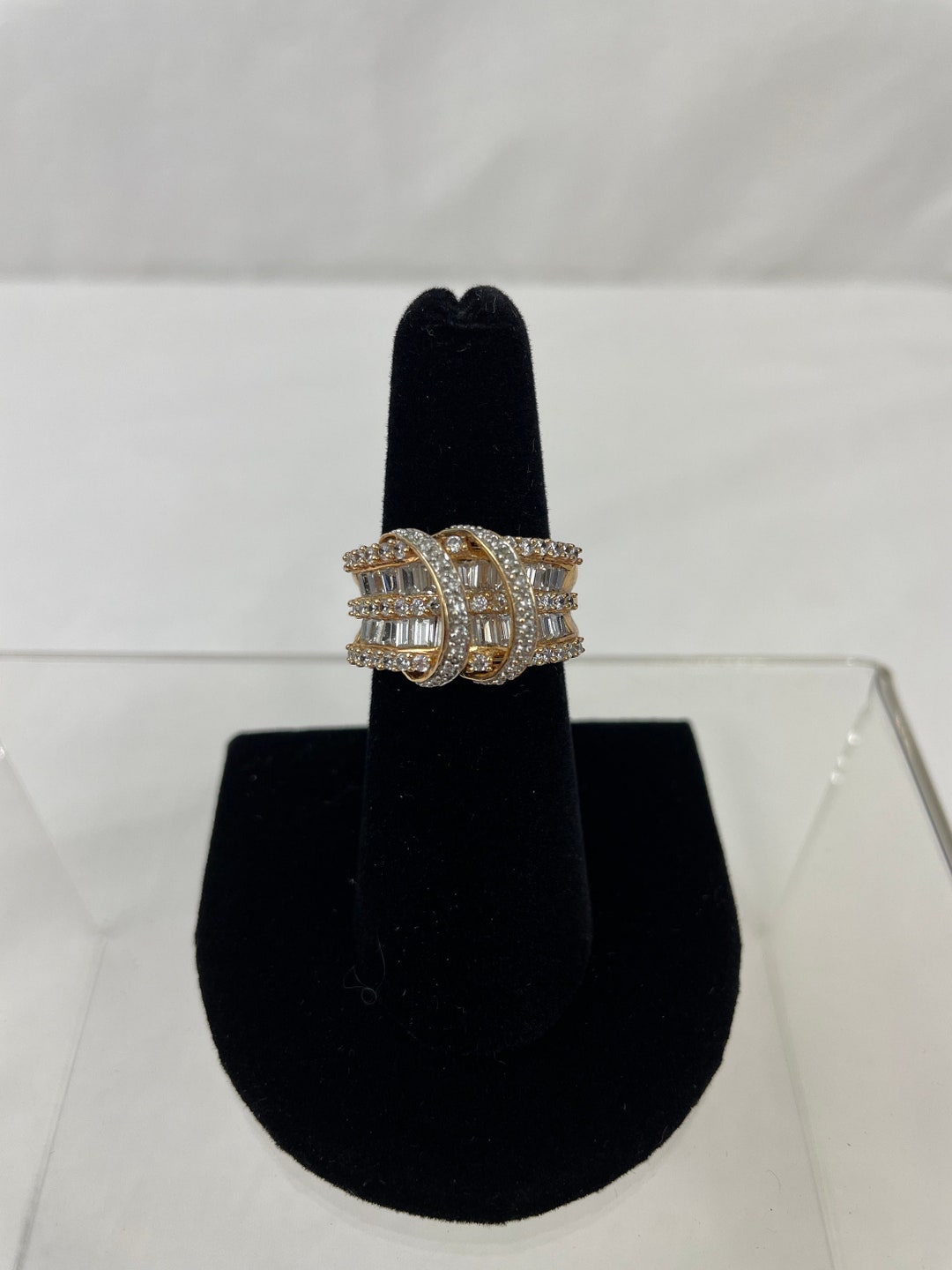 Gold-toned Sterling Silver Crystal Ring / Double Arched Design / Meda ...