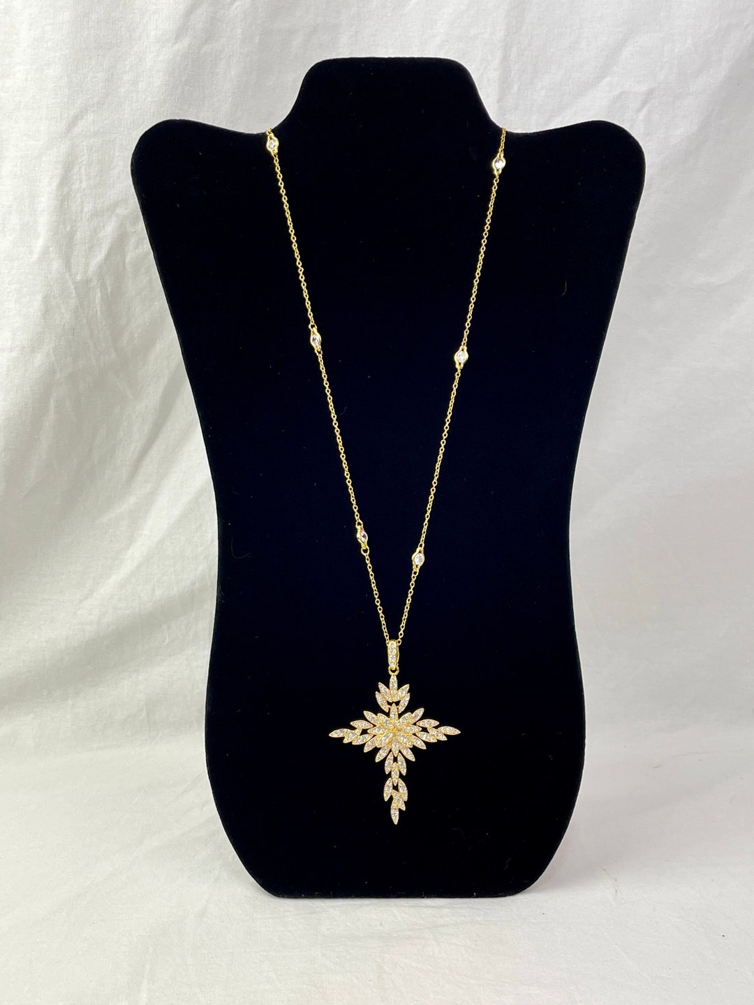 Starburst Crystal and Gold-toned Cross Pendant 26" Necklace Made by PJM ...