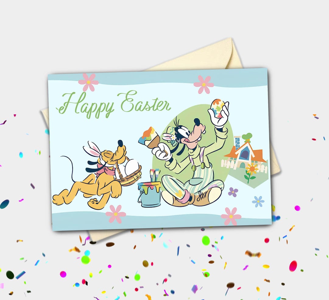 Springtime Goofy and Pluto Decorating Eggs Personalised Easter Card ...