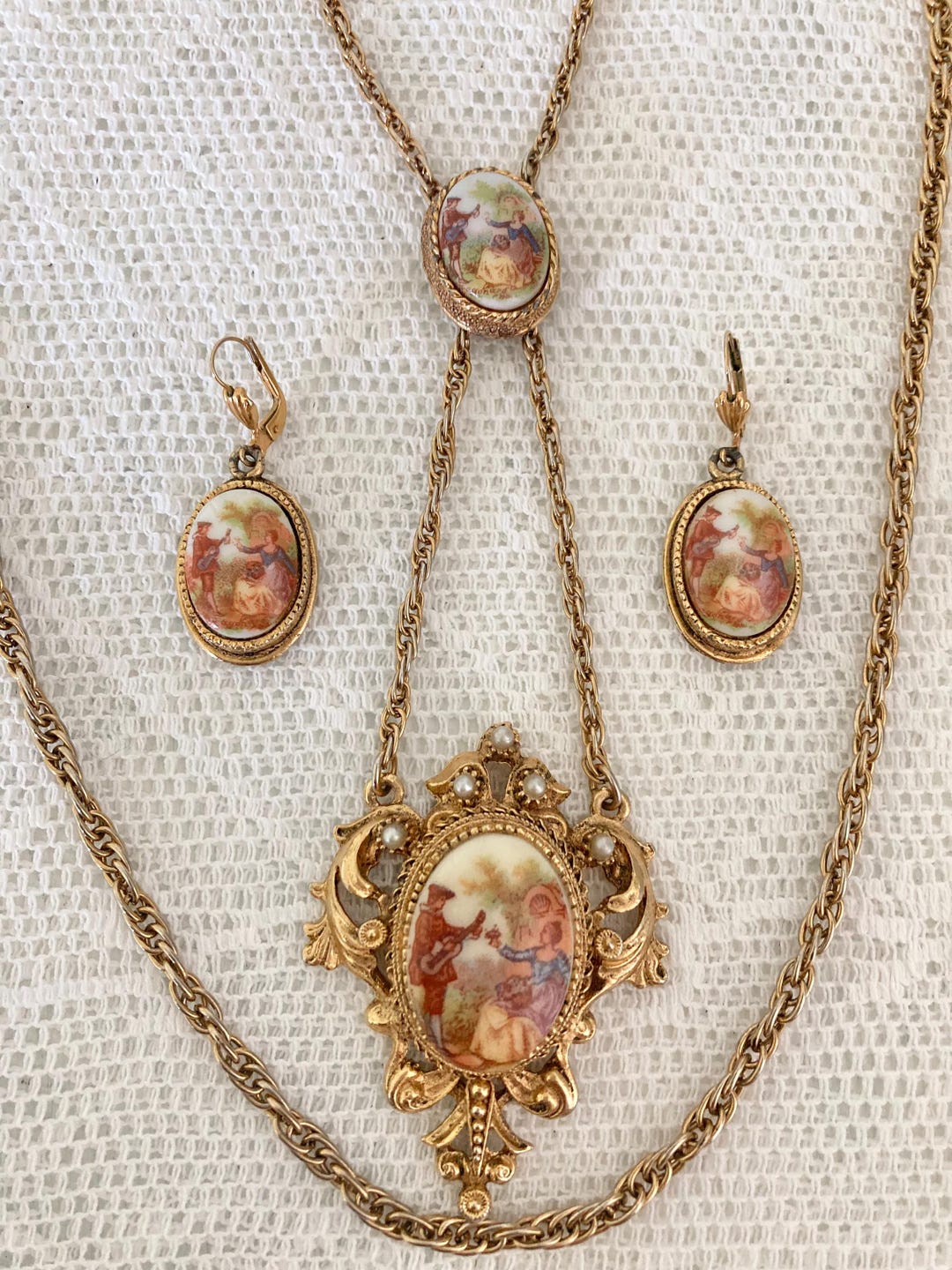 Vintage Fragonard Style Cameo Set, Rococo Porcelain Cameo Necklace and ...