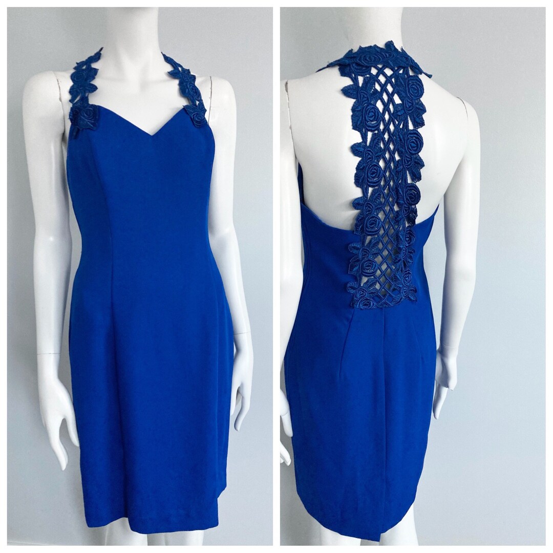 1980s/90s Blue Bombshell Lace Back Dress, Size S - Etsy
