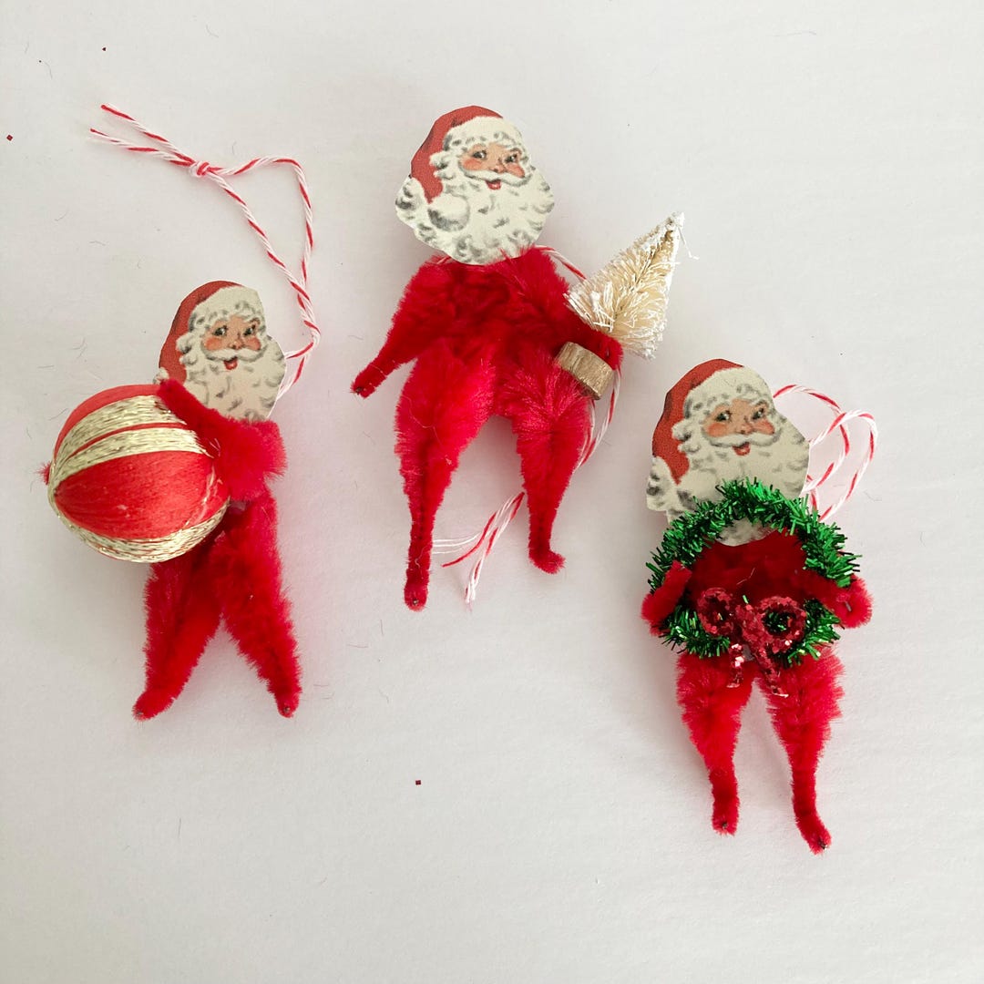 Trio of Unique Pipe Cleaner Santa Tree Ornaments, 3 Handmade Unique ...