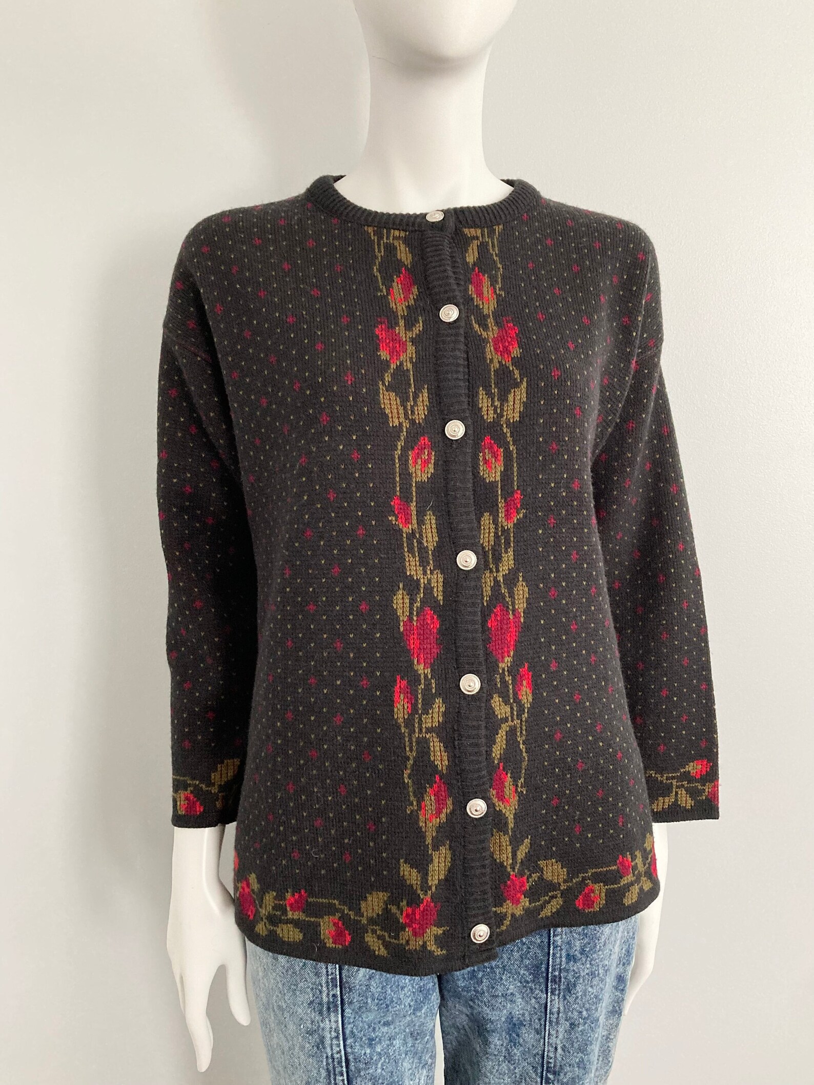 1990s Rose Border Cardigan, Size L, Cottage Core Cardigan, Size L - Etsy