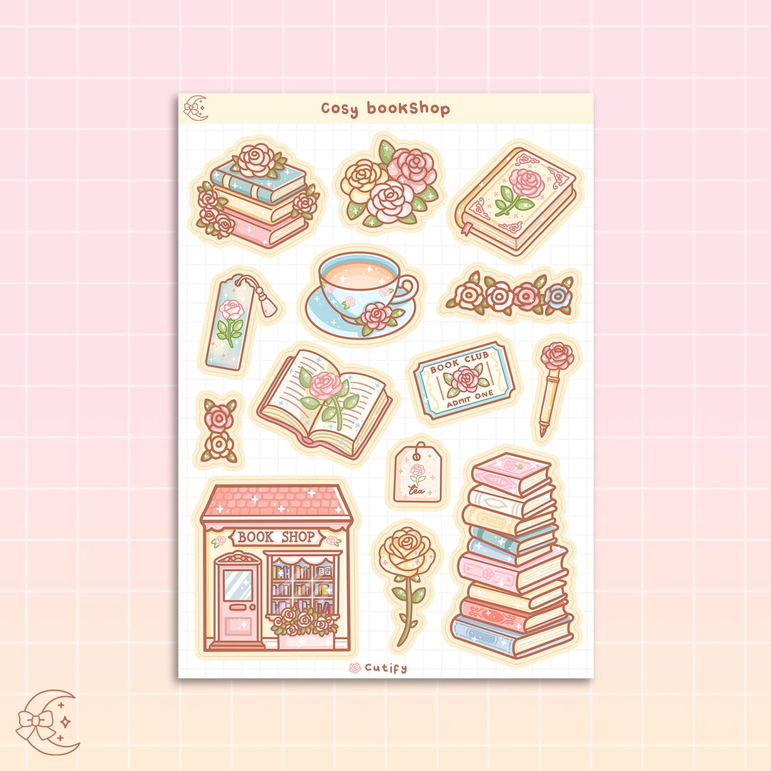 Cosy Bookshop Sticker Sheet - Books, Reading, Pastel, Vintage, Cute ...