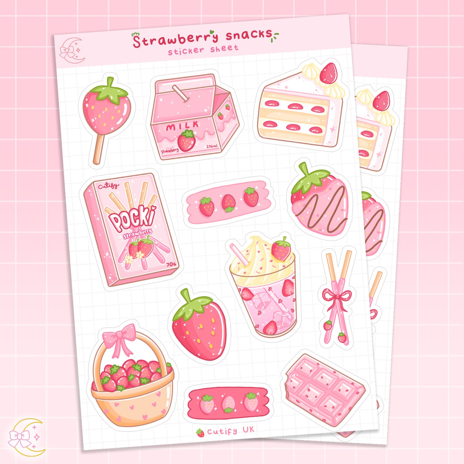 Strawberry Snacks Sticker Sheet - Cute, Kawaii, Aesthetic, Strawberry ...