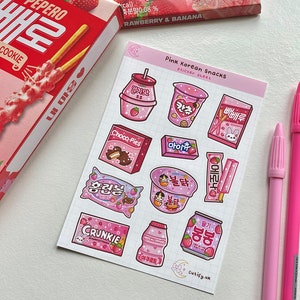 Pink Korean Snacks Sticker Sheet - Cute, Asian Snacks, Kawaii, Milk ...