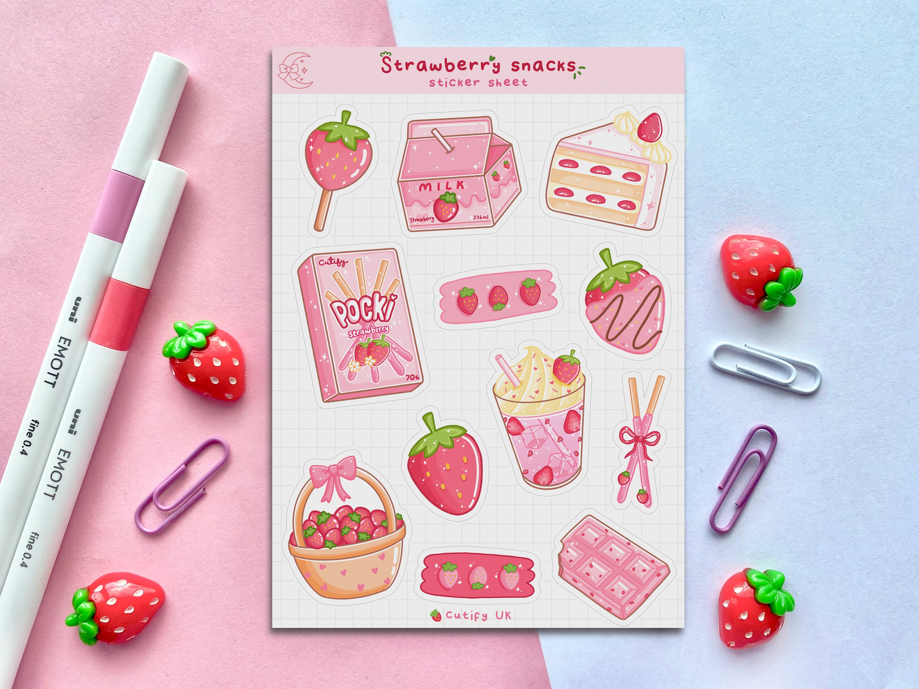Strawberry Snacks Sticker Sheet Cute, Kawaii, Aesthetic, Strawberry ...