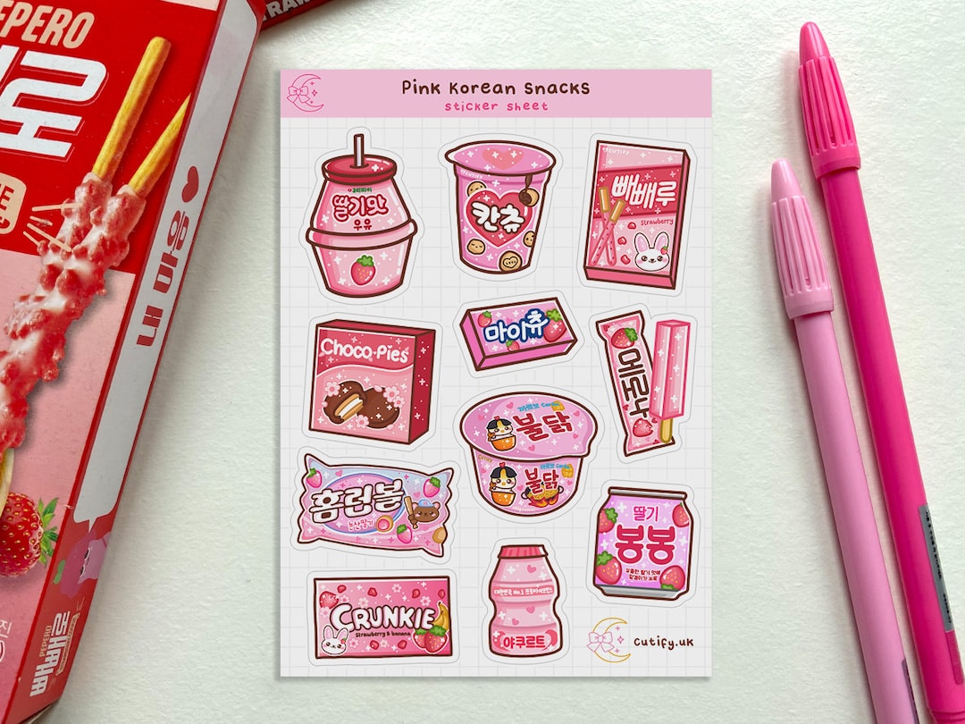 Pink Korean Snacks Sticker Sheet - Cute, Asian Snacks, Kawaii, Milk ...