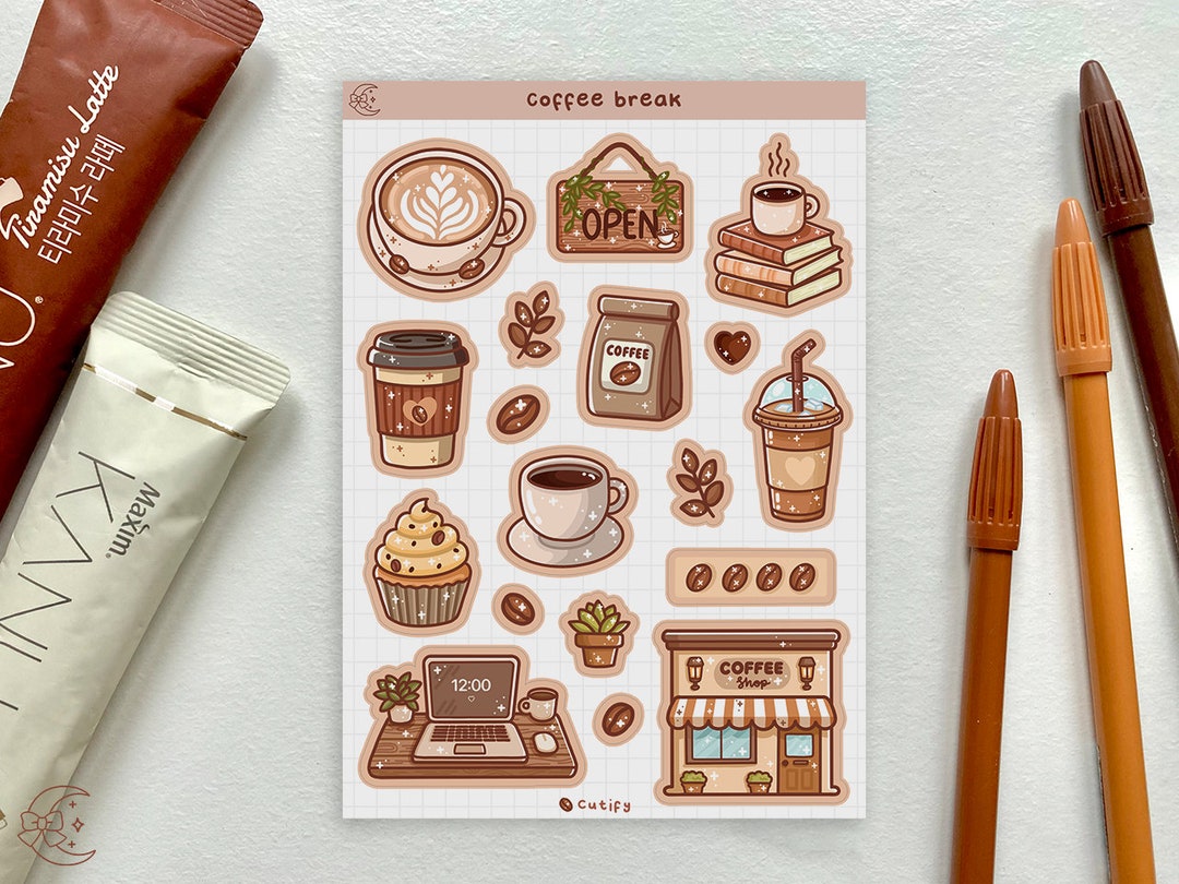 Coffee Break Sticker Sheet - Cafe, Beige, Brown, Neutral, Minimalist ...