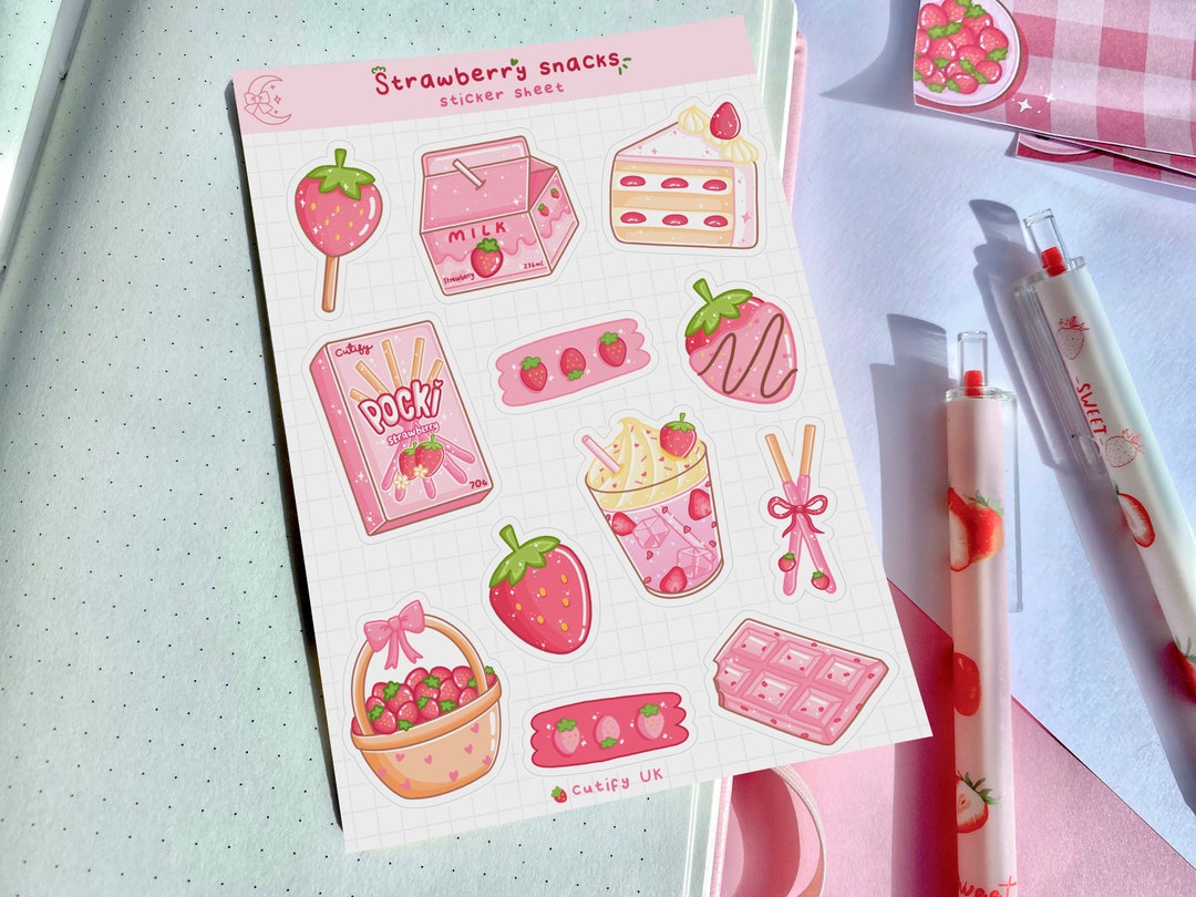 Strawberry Snacks Sticker Sheet - Cute, Kawaii, Aesthetic, Strawberry ...