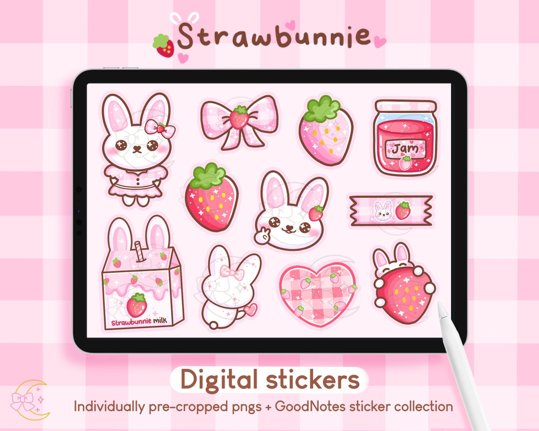 Strawbunnie Cute Bunny Rabbit Digital Stickers | Goodnotes Kawaii ...