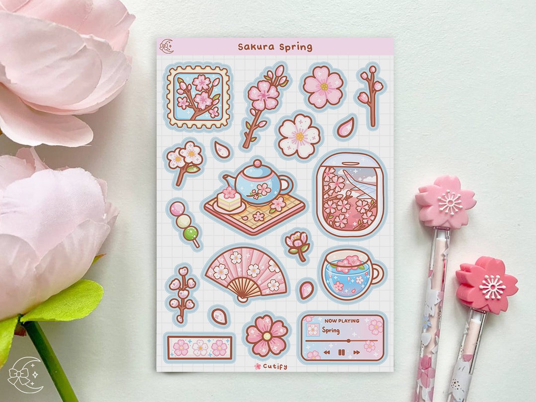 Sakura Spring Sticker Sheet - Cute, Kawaii, Japan, Japanese, Cherry ...