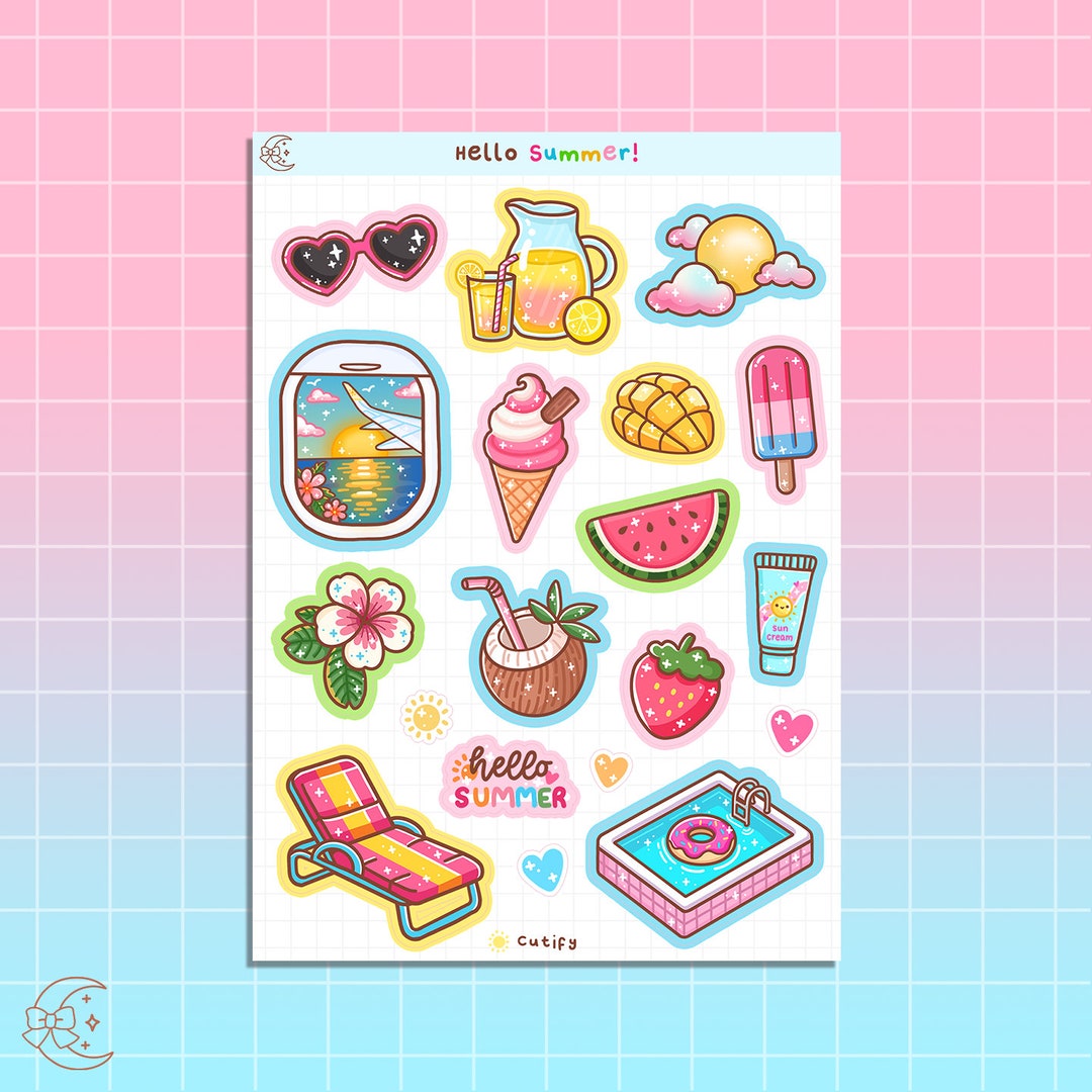 Hello Summer Sticker Sheet - Tropical, Beach, Holiday, Vacation, Pool ...