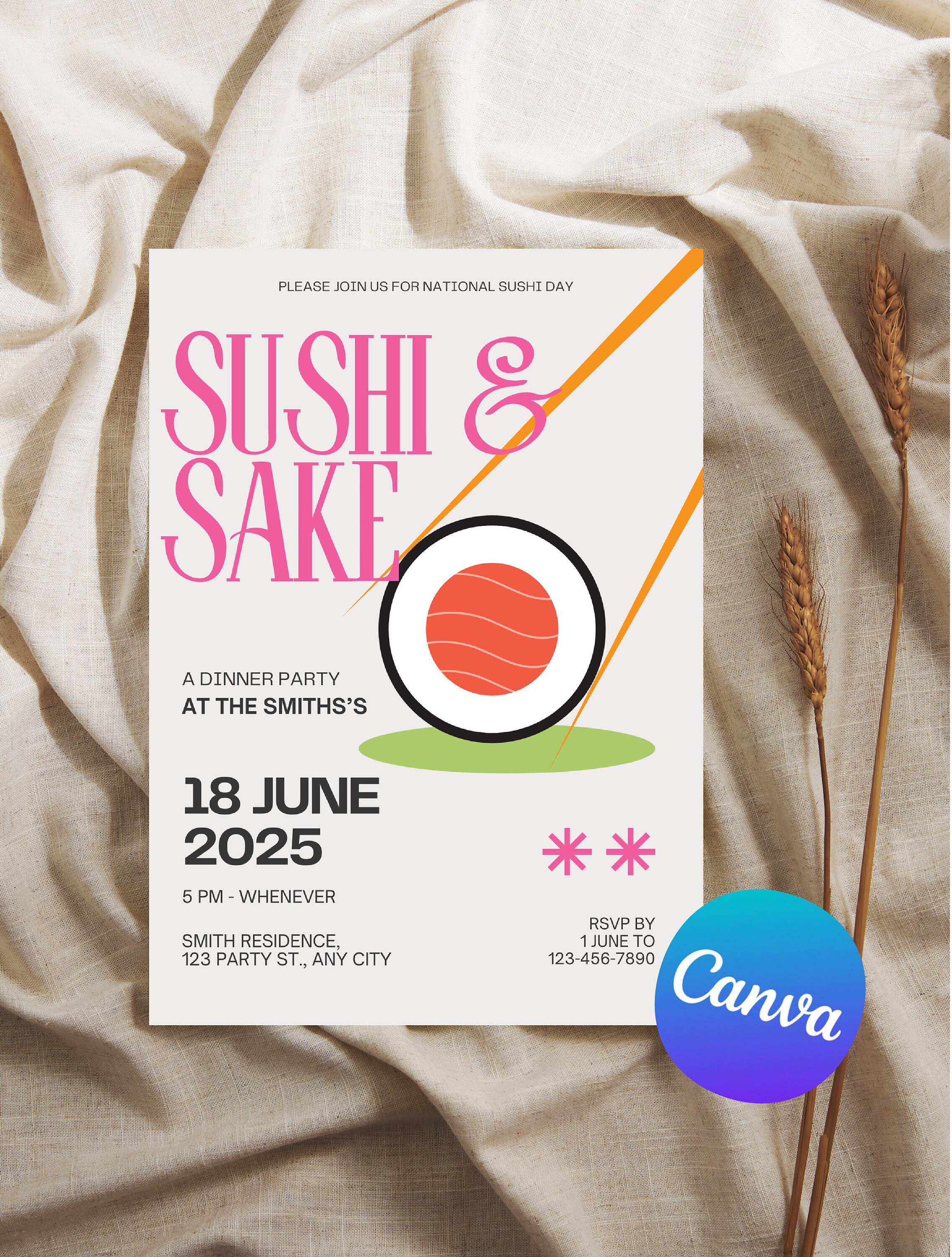 Sushi & Sake Dinner Party Invitation Template Sushi Marking Party ...