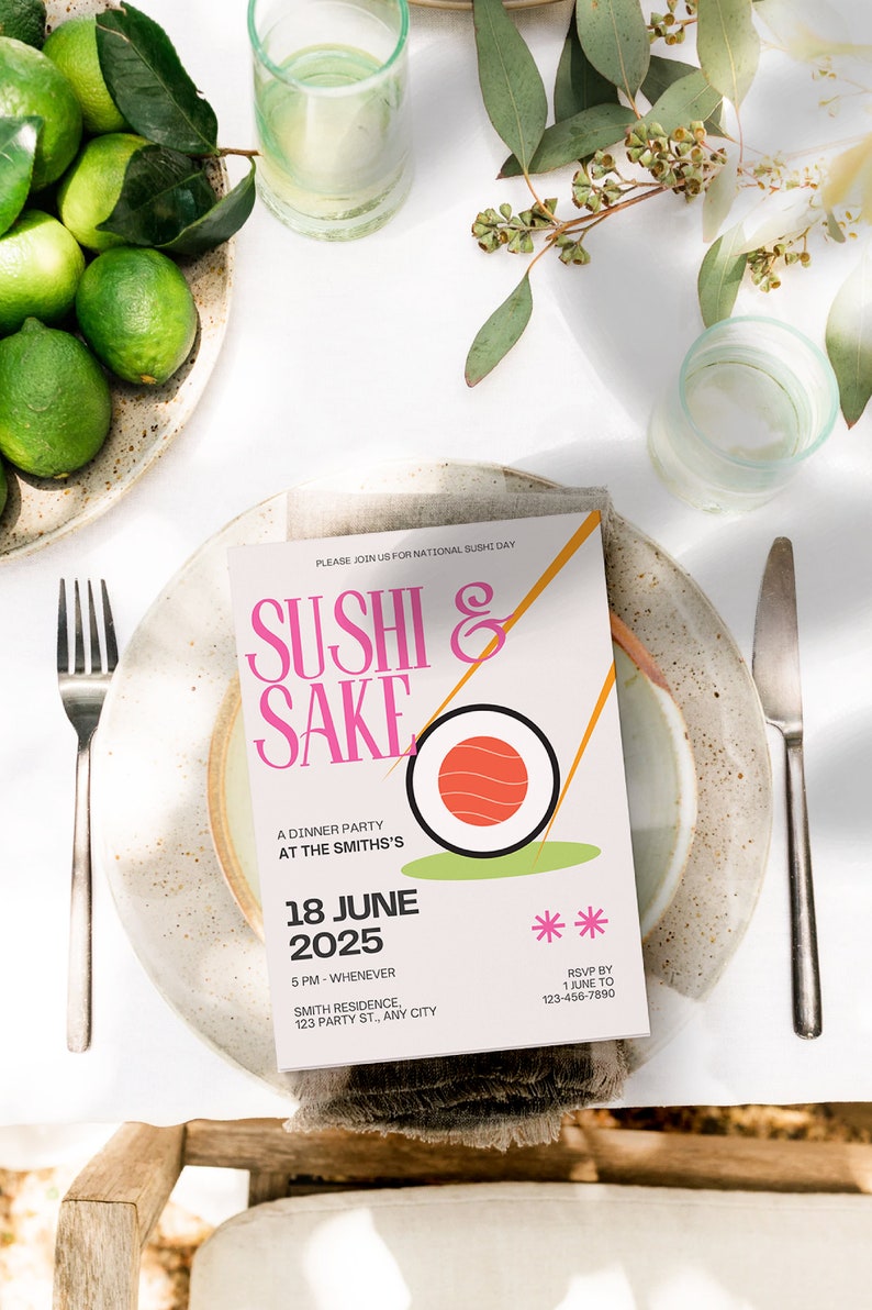 Sushi & Sake Dinner Party Invitation Template Sushi Marking Party ...