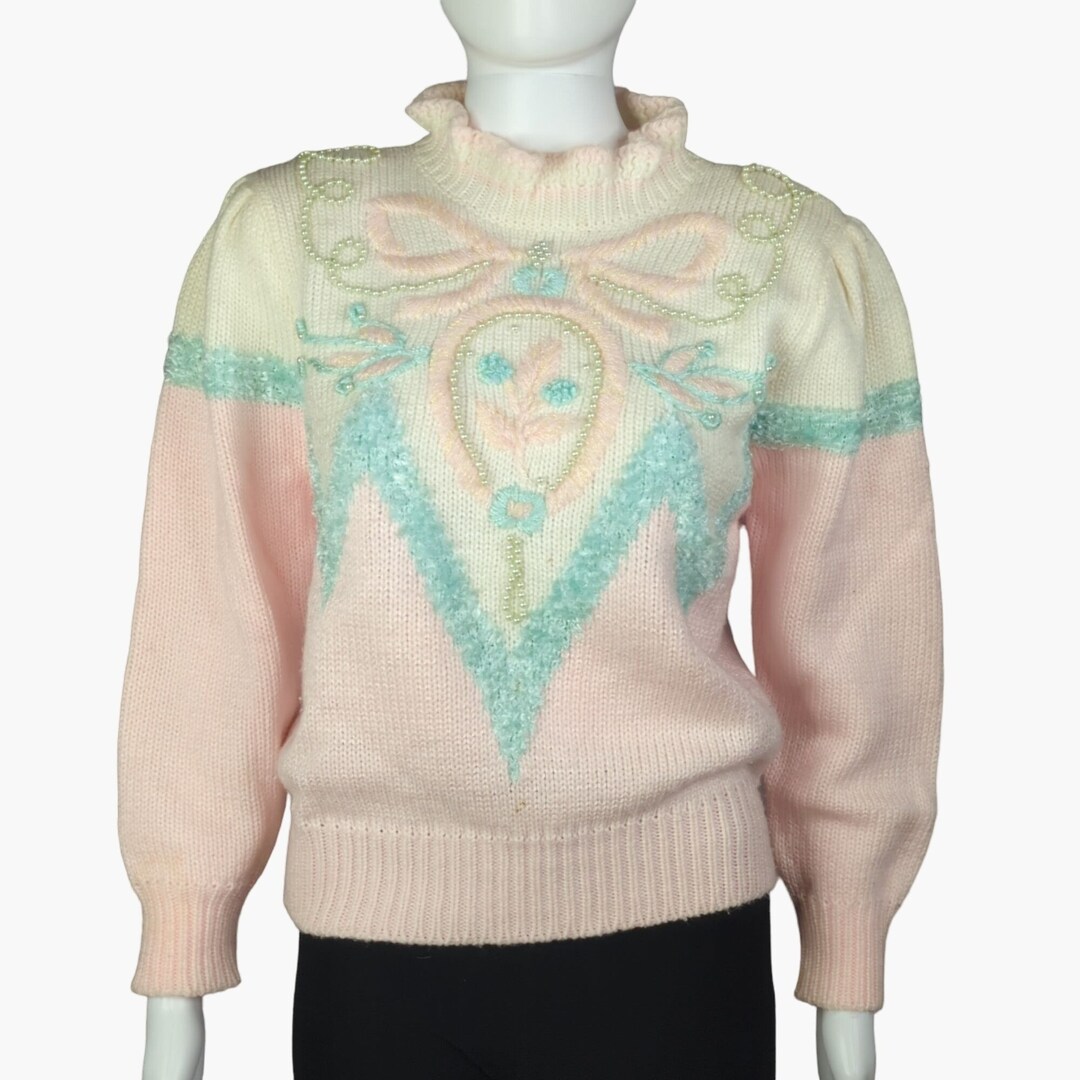 Vintage Jaclyn Smith 80s Sweater Pastel Pink Green Ruffle Collar Pearls ...