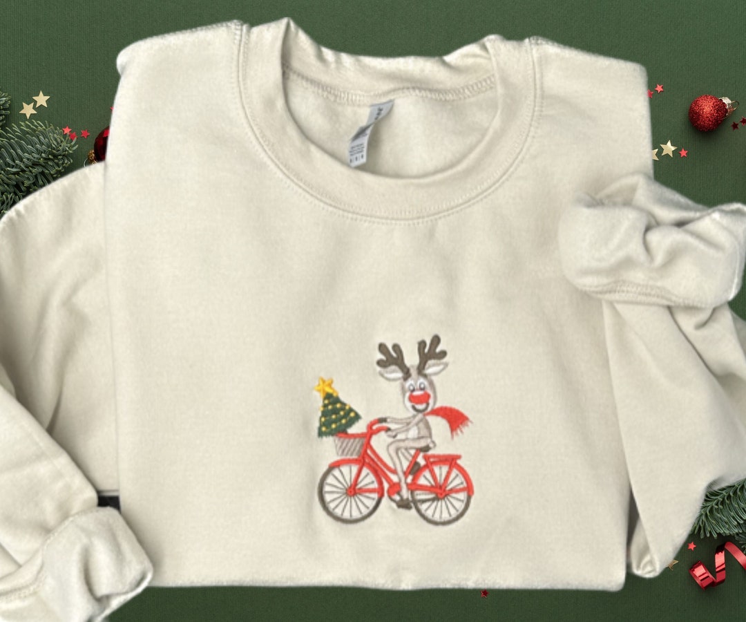 Reindeer on a Bike Embroidered Crew Neck Sweatshirt. - Etsy