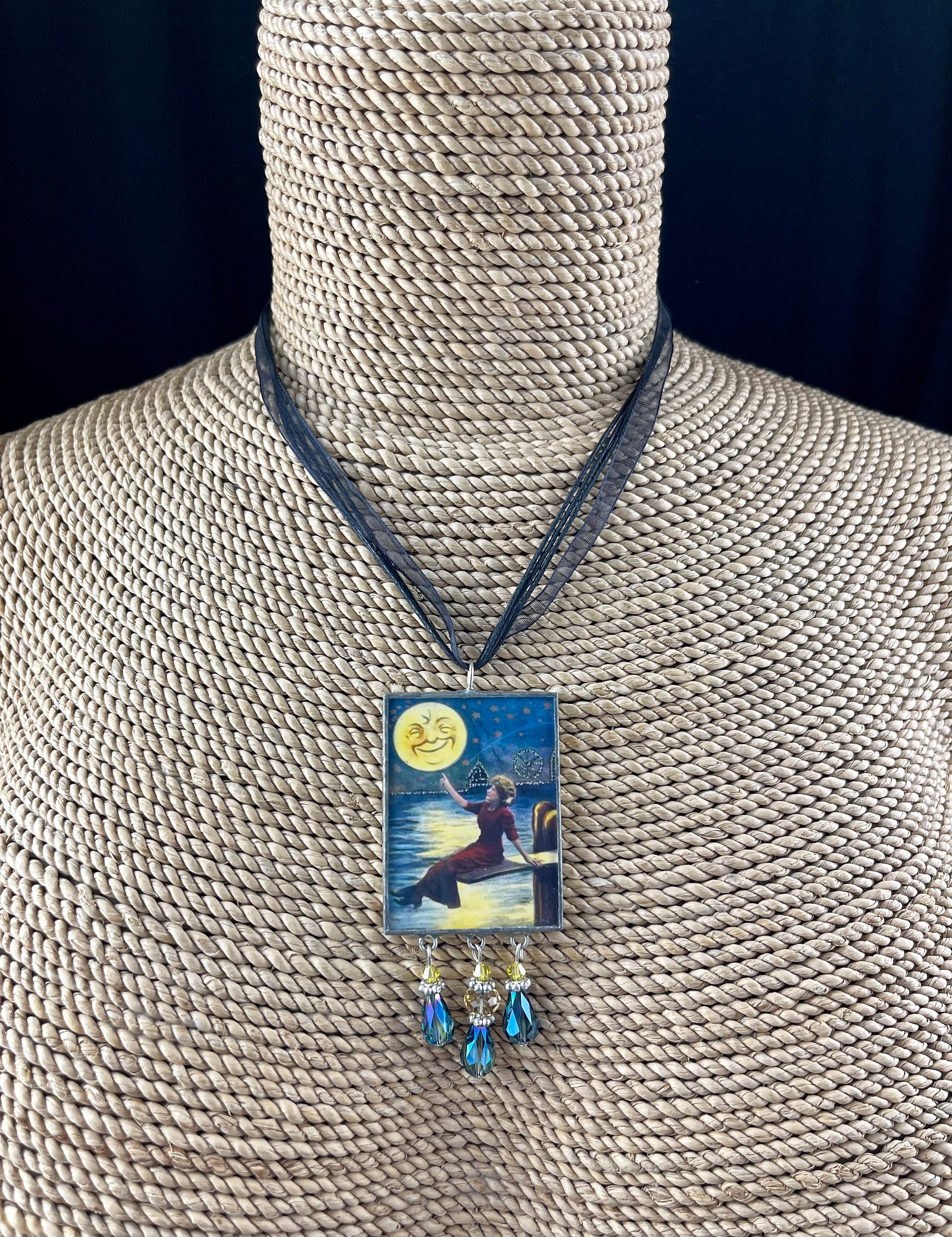 Vintage Lady and Moon Soldered Pendant, Smiling Moon Face Soldered ...