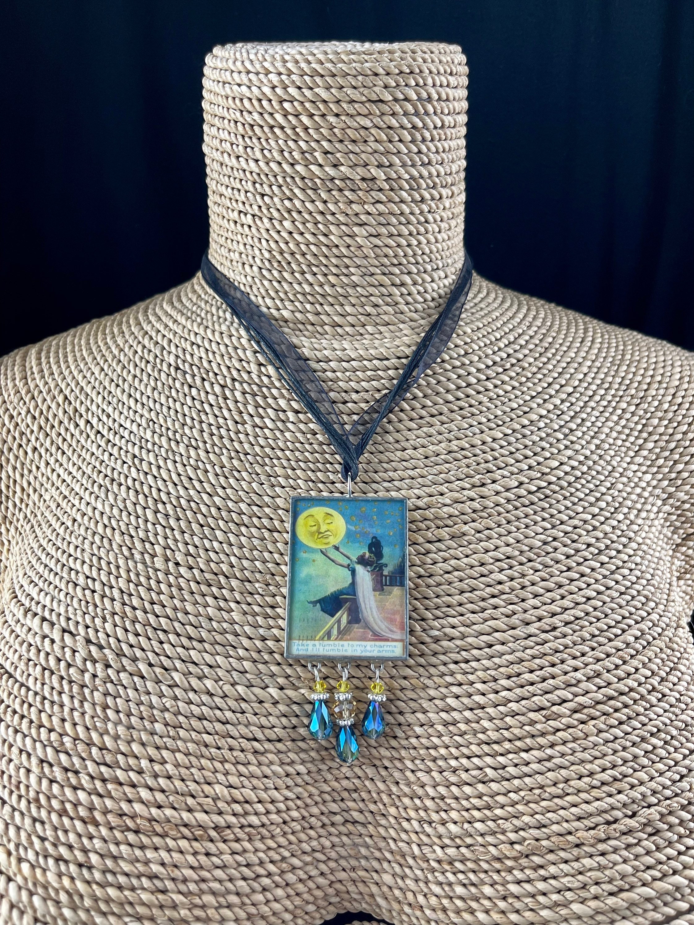 Vintage Lady and Moon Soldered Pendant, Smiling Moon Face Soldered ...