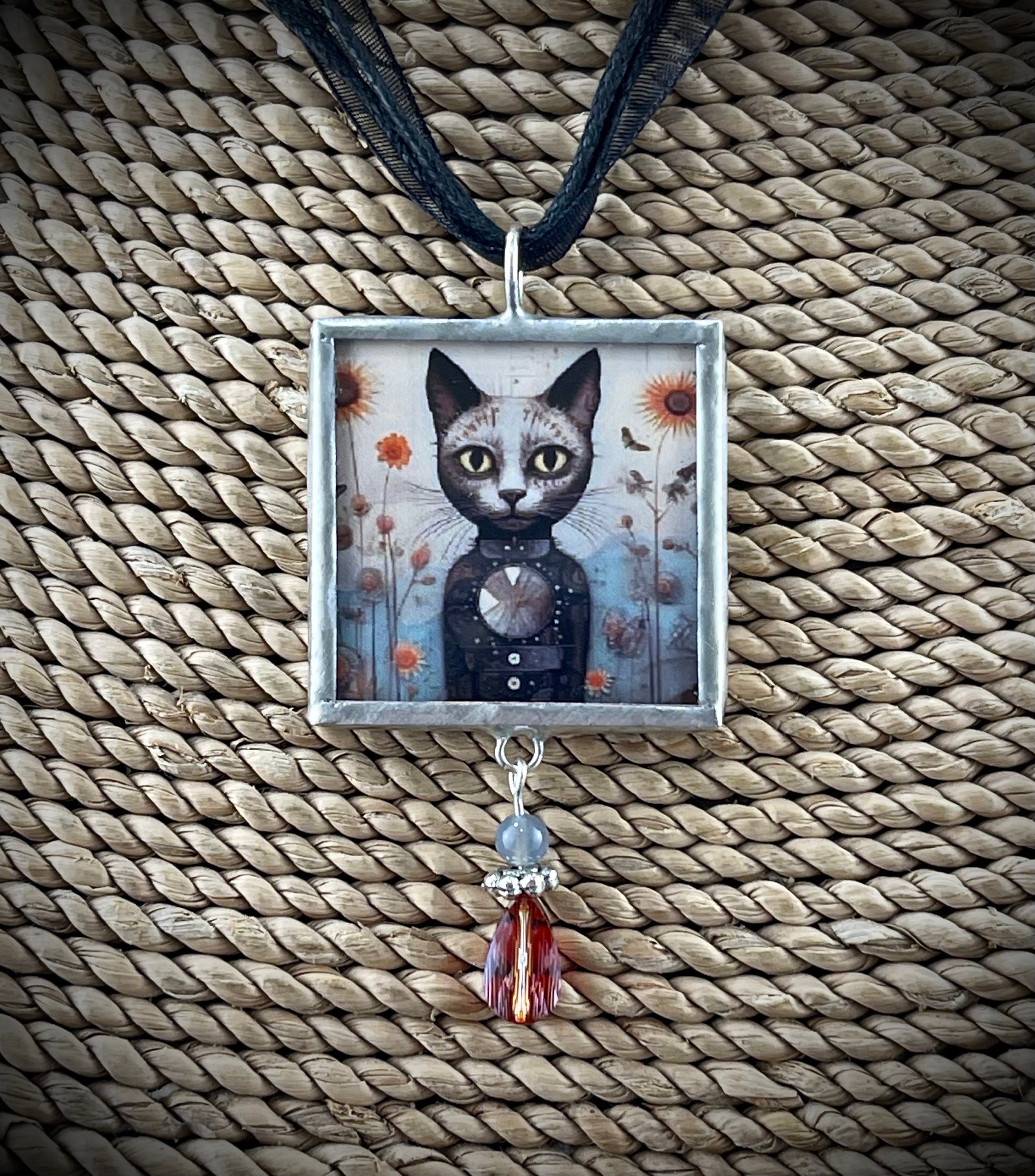 Cat Solder Pendant, Artsy Cat Pendant, Cat With Flowers, Cat Pendant ...