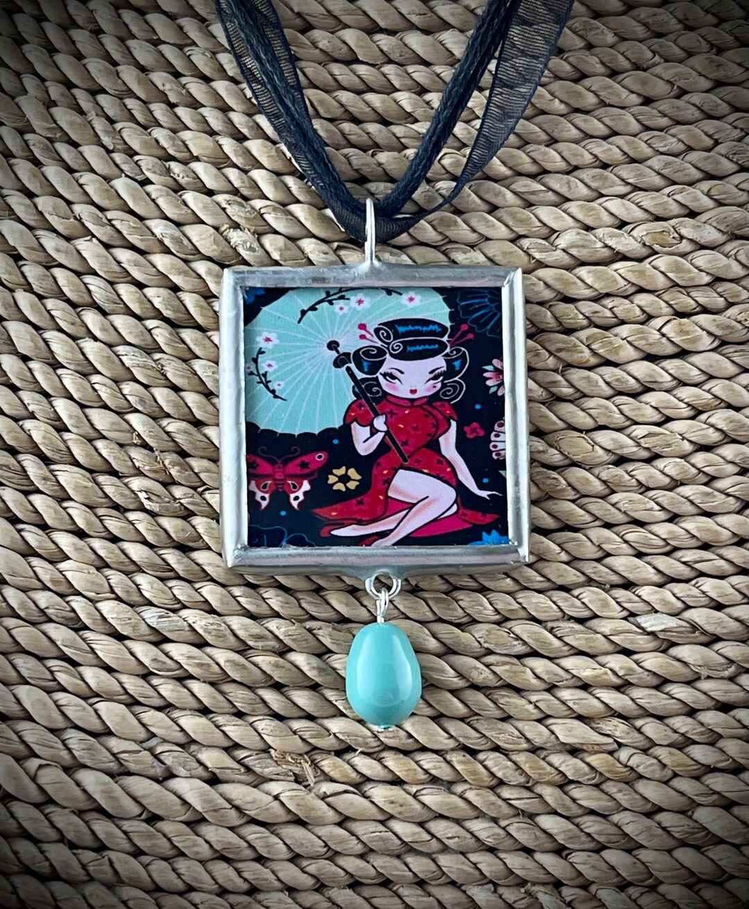 Asian Art Collage Soldered Pendant, Geisha Pendant, Pin up Geisha ...