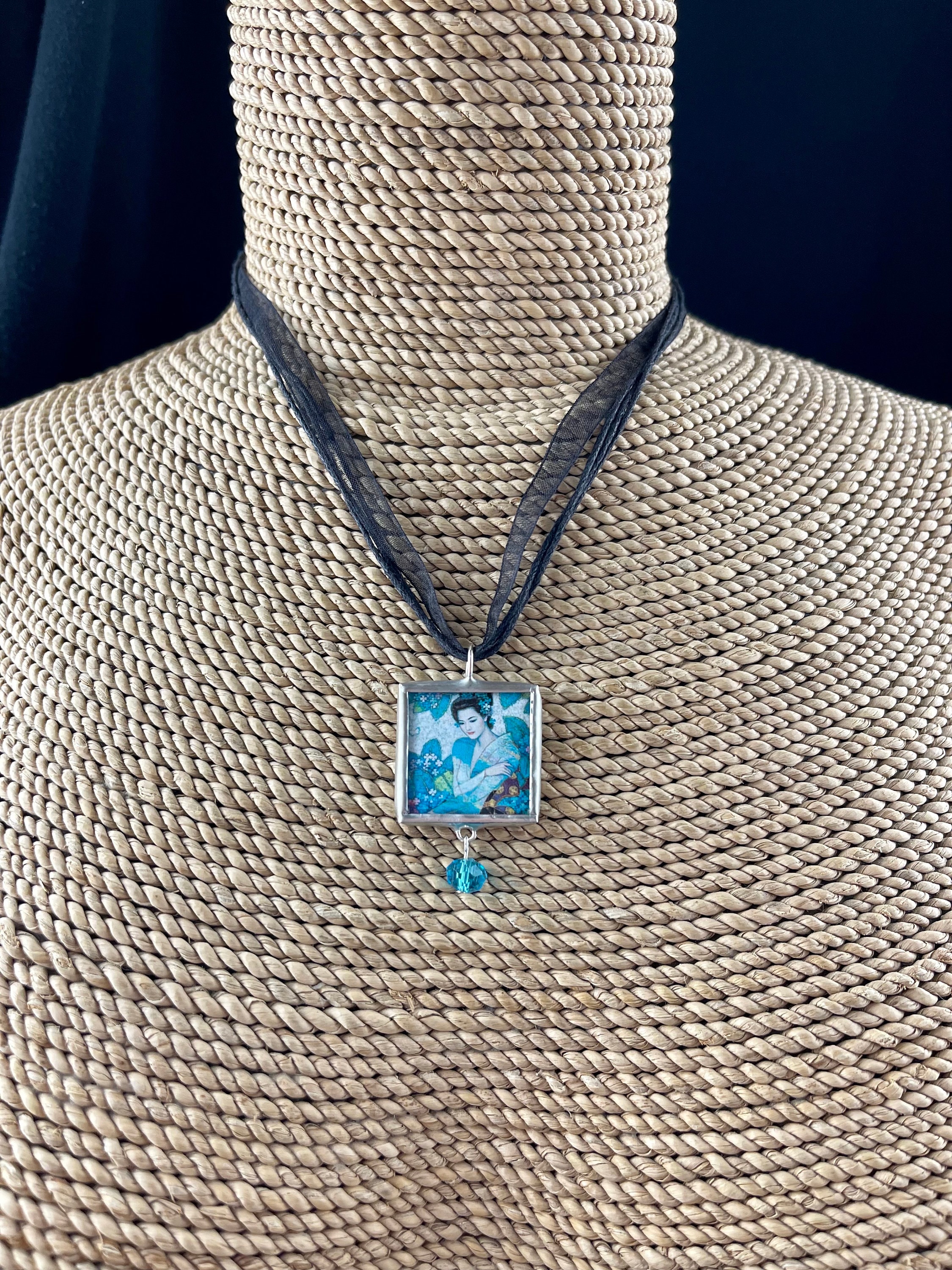 Asian Art Collage Soldered Pendant, Oriental Ladies Pendant, Asian ...