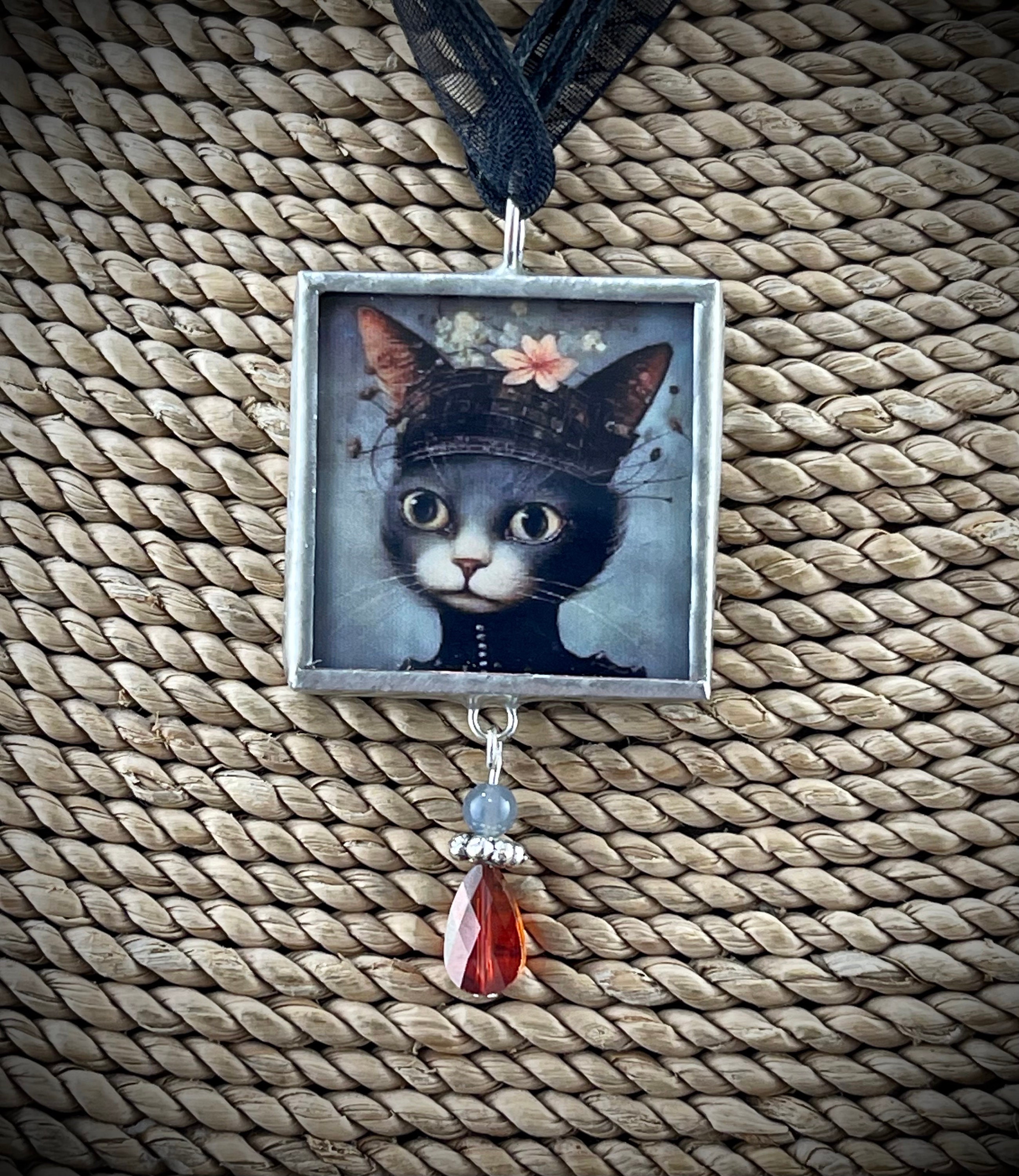 Cat Solder Pendant, Artsy Cat Pendant, Cat With Flowers, Cat Pendant ...