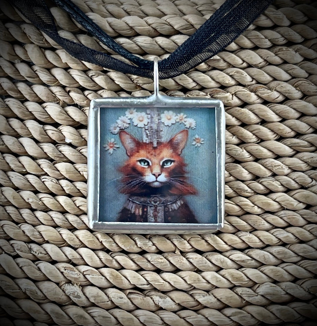 Cat Solder Pendant, Orange Cat Pendant, Cat With Flowers, Cat Pendant ...