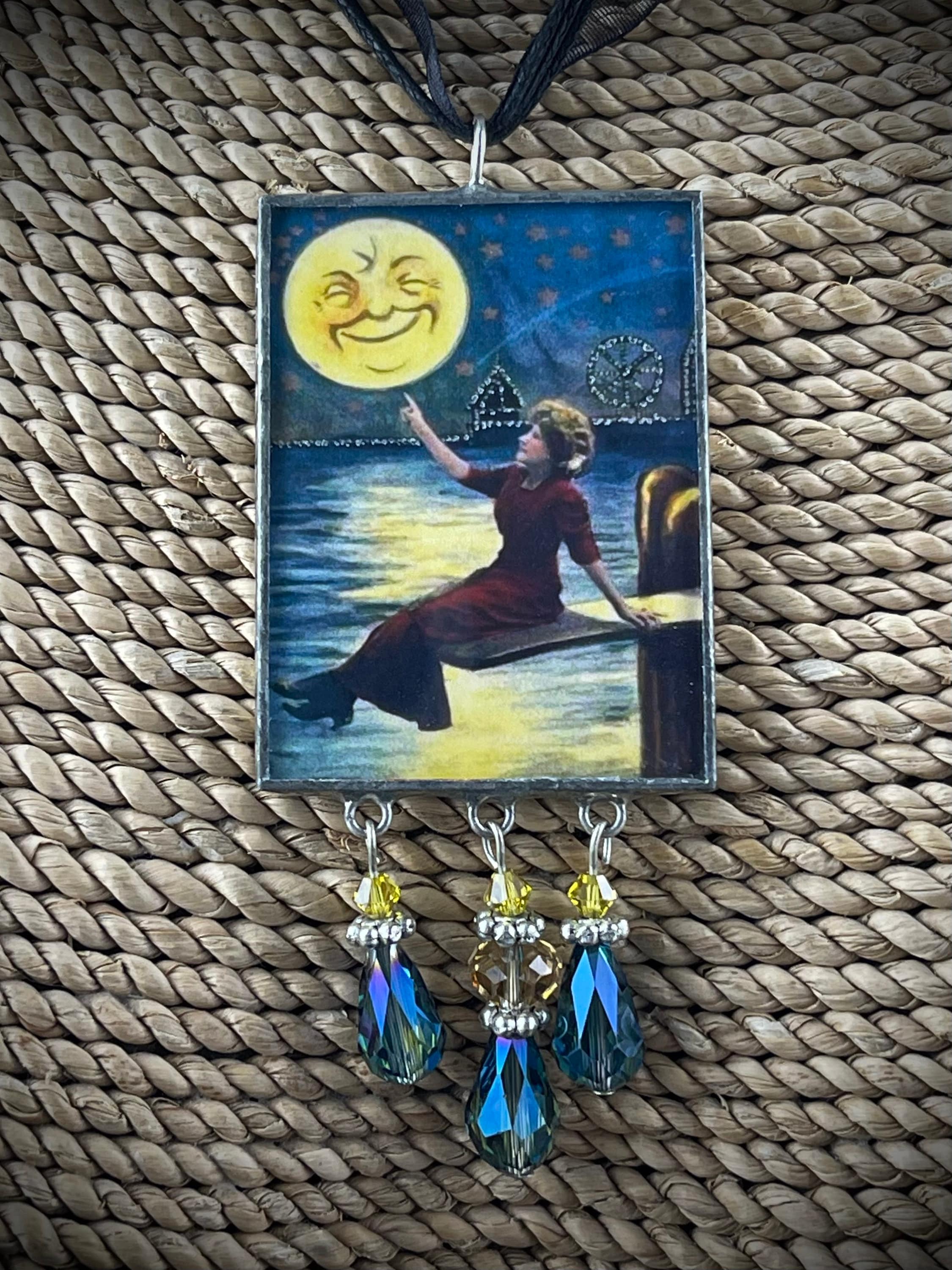 Vintage Lady and Moon Soldered Pendant, Smiling Moon Face Soldered ...